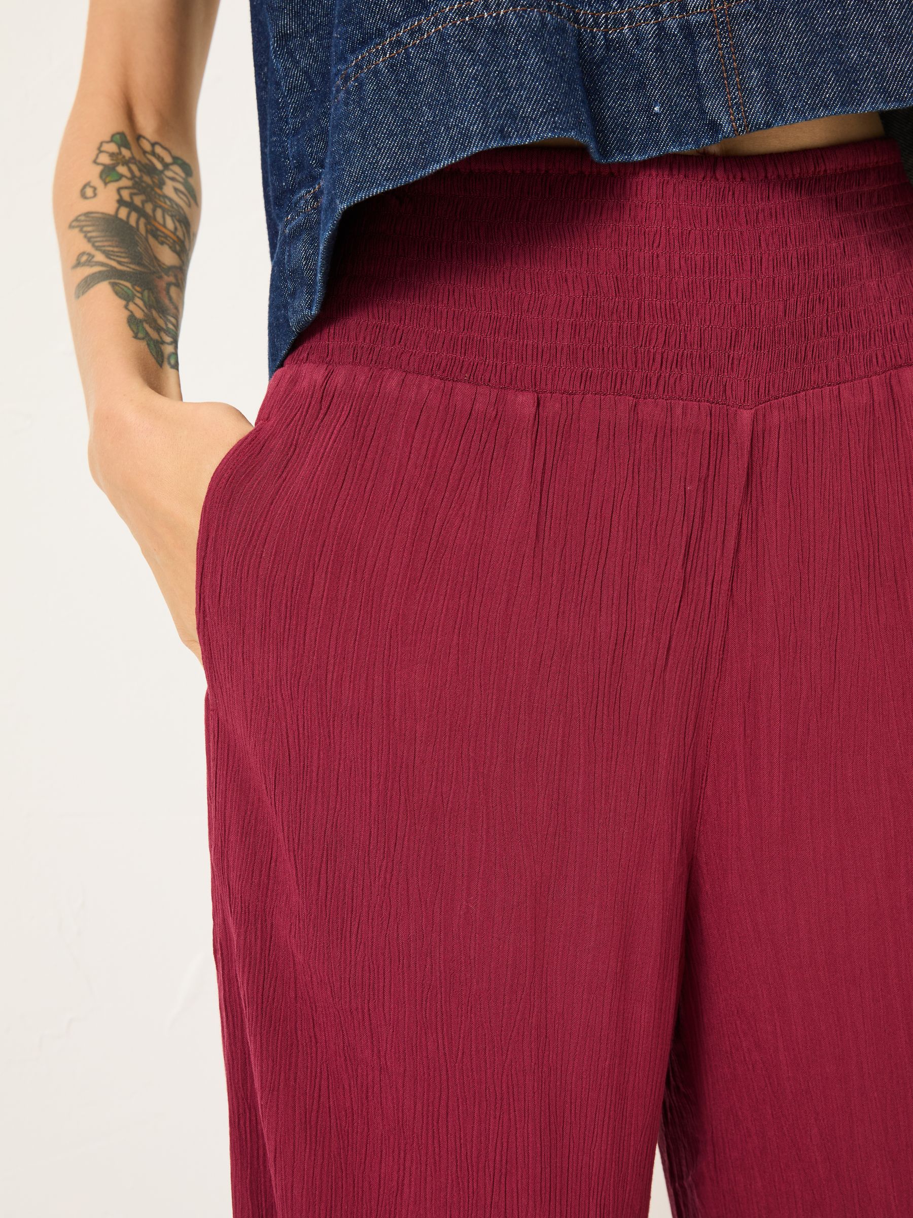 Buy FatFace Burgundy Red Shirred Palazzo Wide Leg Trousers from the ...
