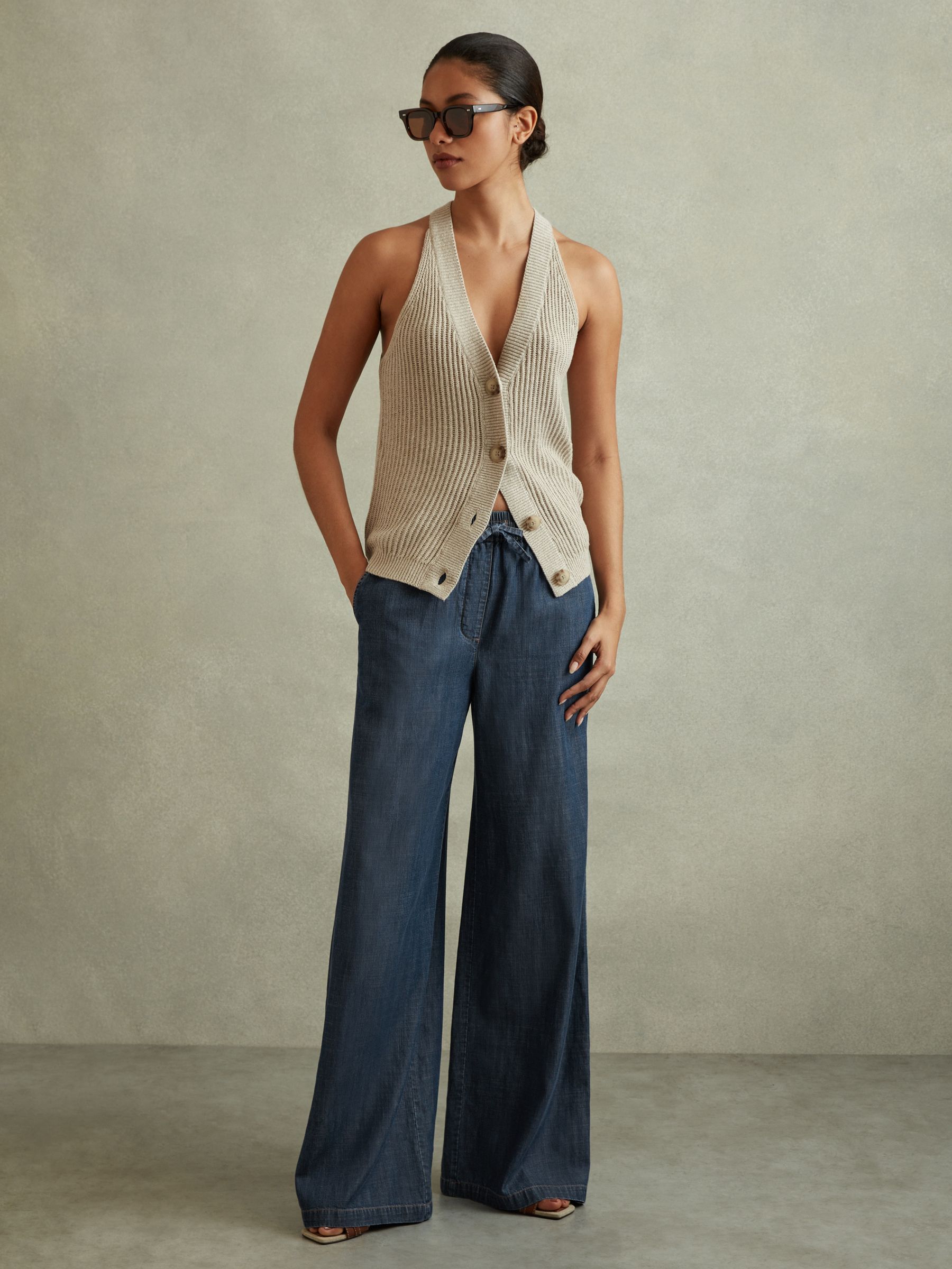Buy Reiss Mid Blue Carter Petite Denim Look Wide Leg Trousers from the ...
