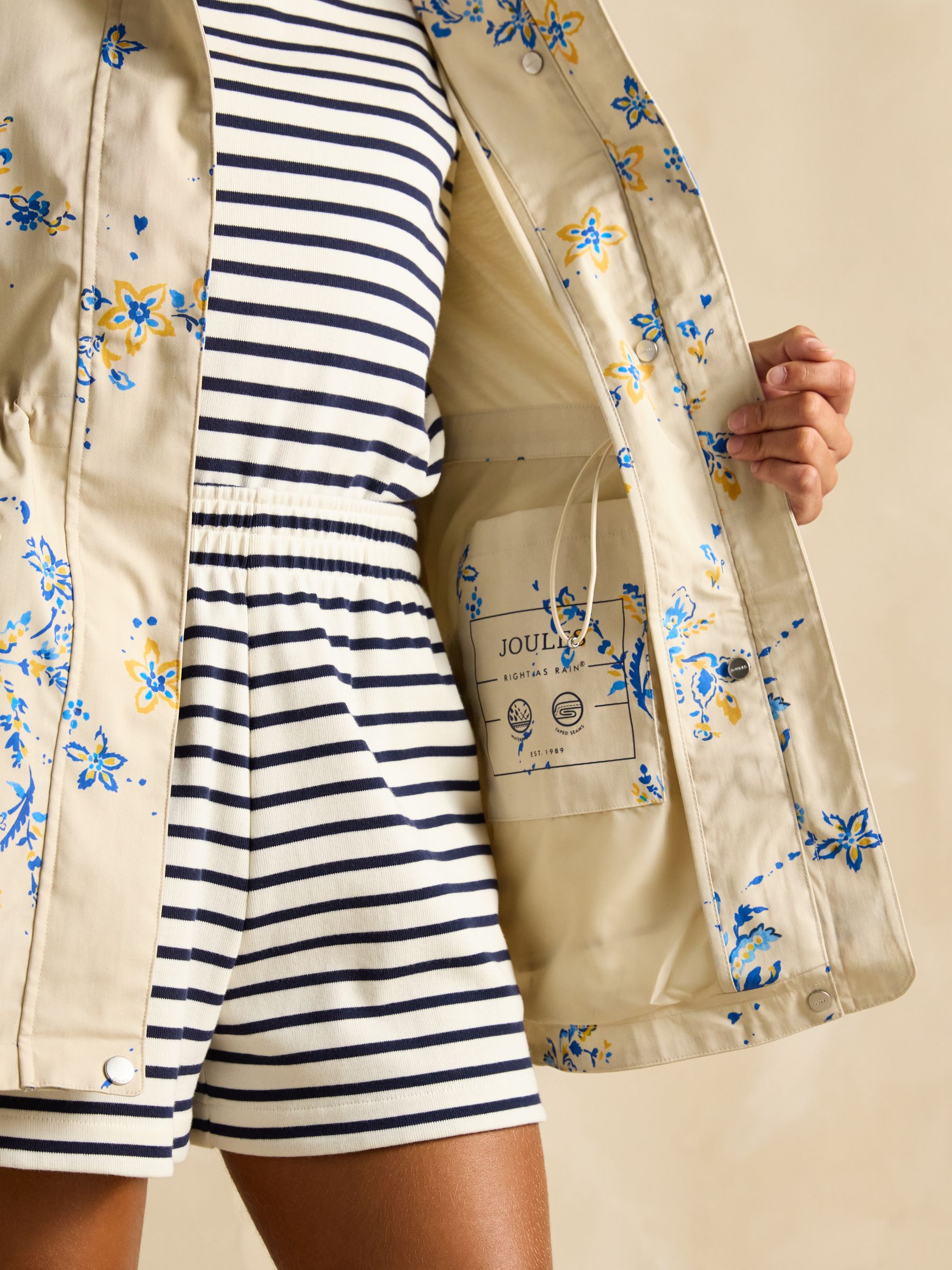 Buy Joules Portwell Beige & Blue Floral Waterproof Raincoat With Hood ...