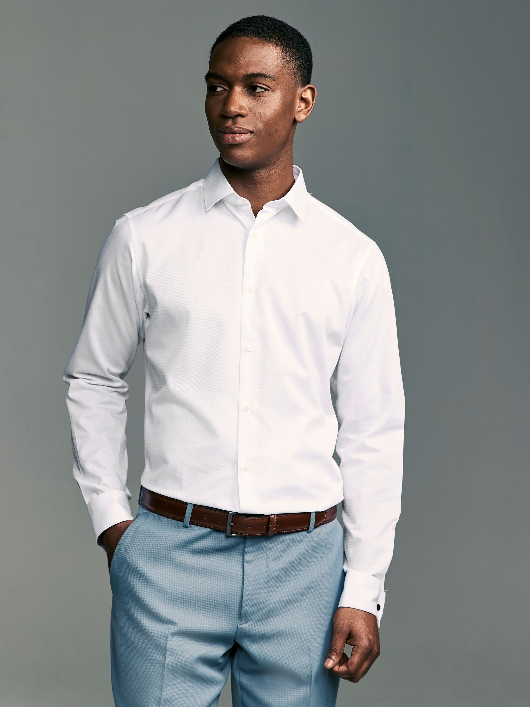 Buy White Slim Fit Double Cuff Easy Care Textured Smart Shirt from the ...