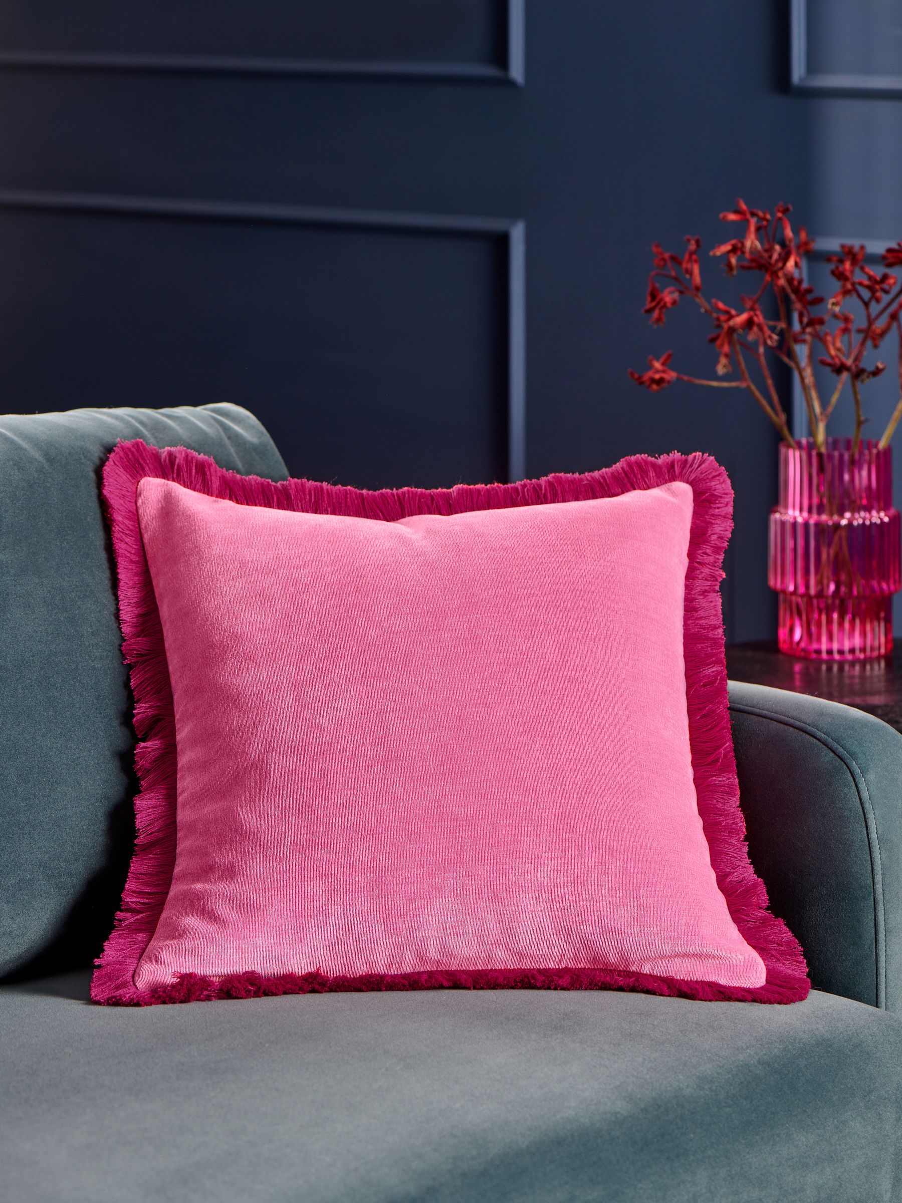 Buy Fushsia Pink 45 x 45cm Soft Velour Contrast Fringe Cushion from the ...