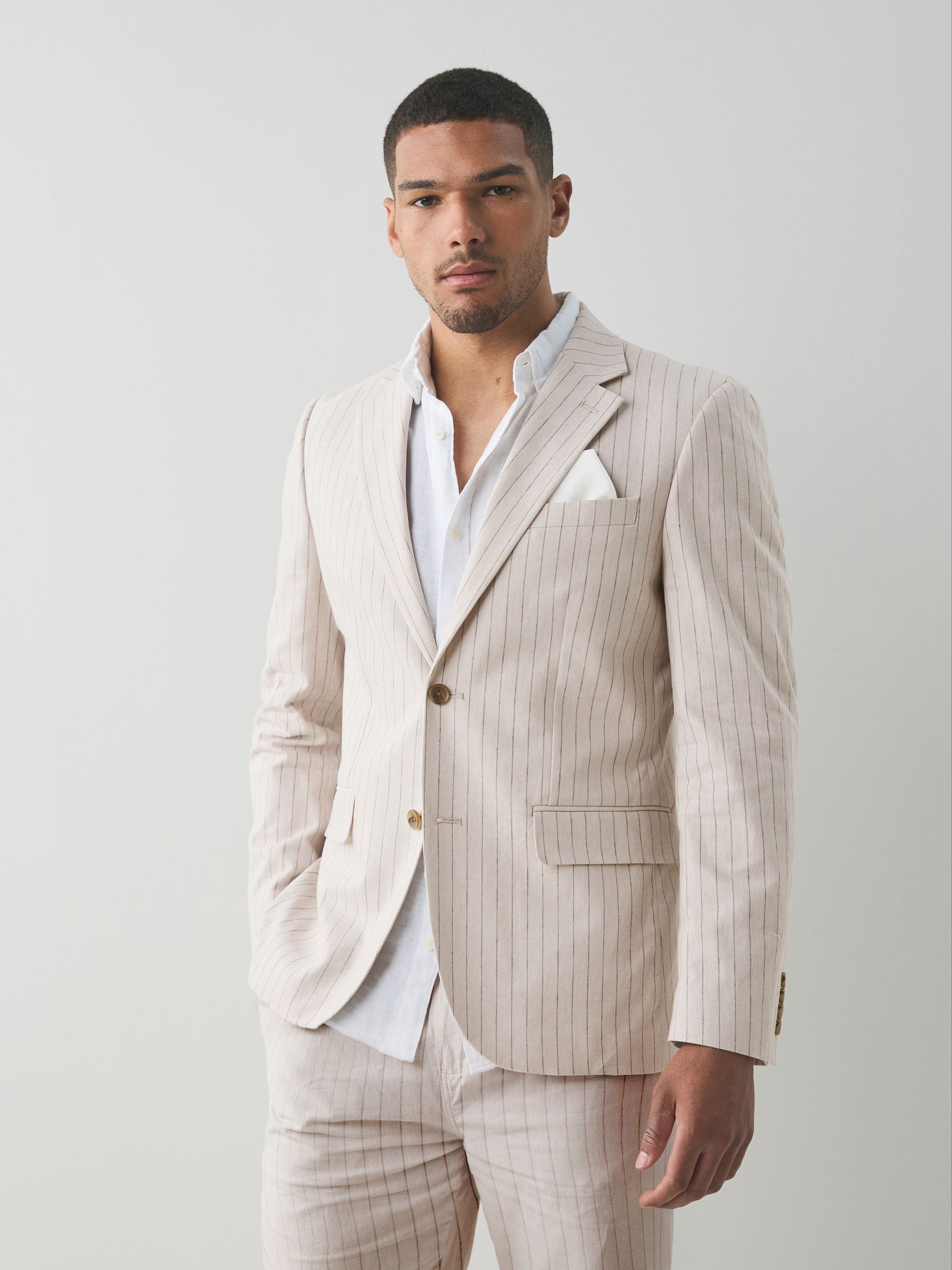 Buy Neutral Slim Fit Striped Linen Blend Suit Jacket from the Next UK ...