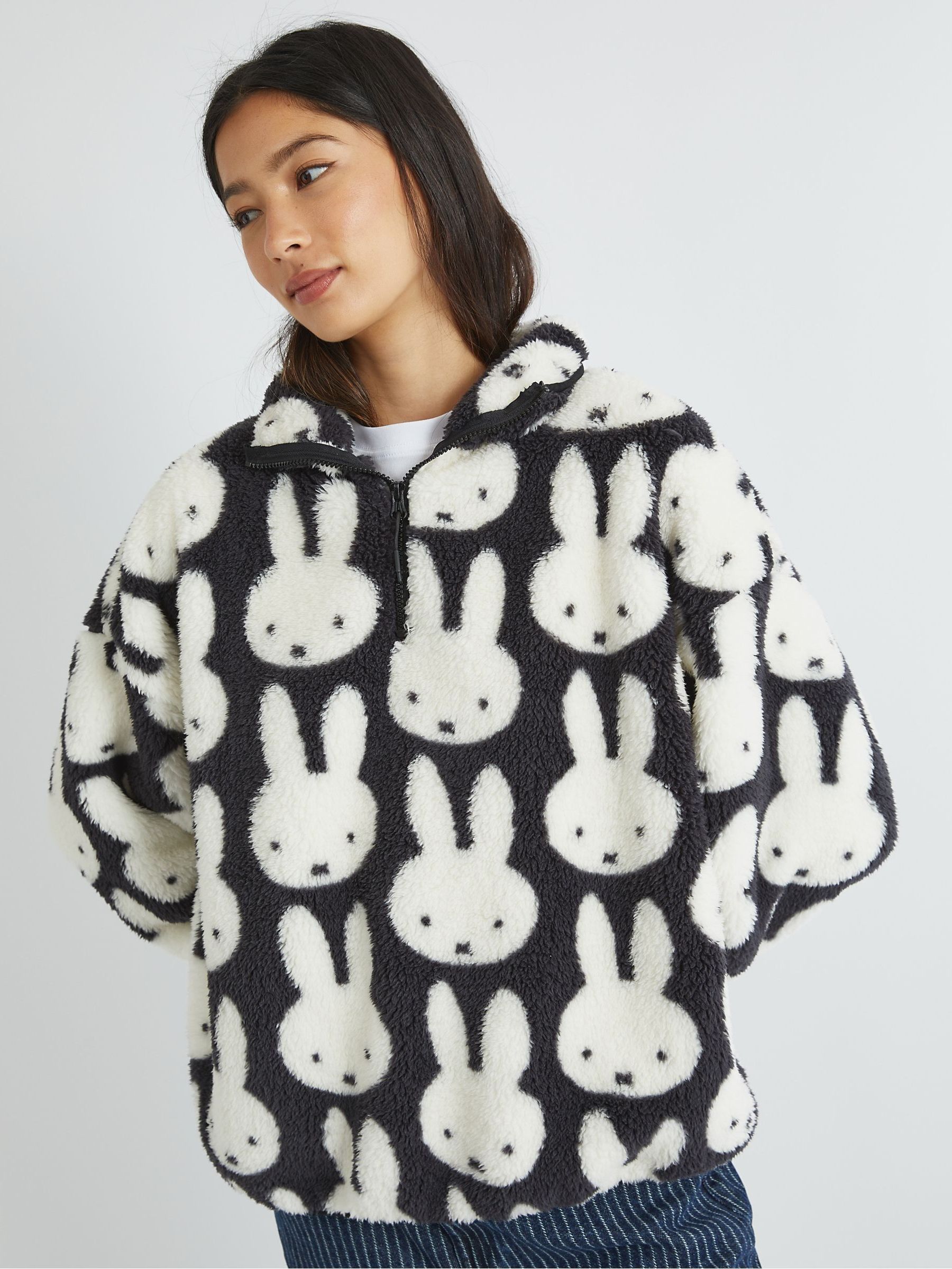 Buy Miffy x Skinnydip Repeat Print Longline Fleece in Black and White ...