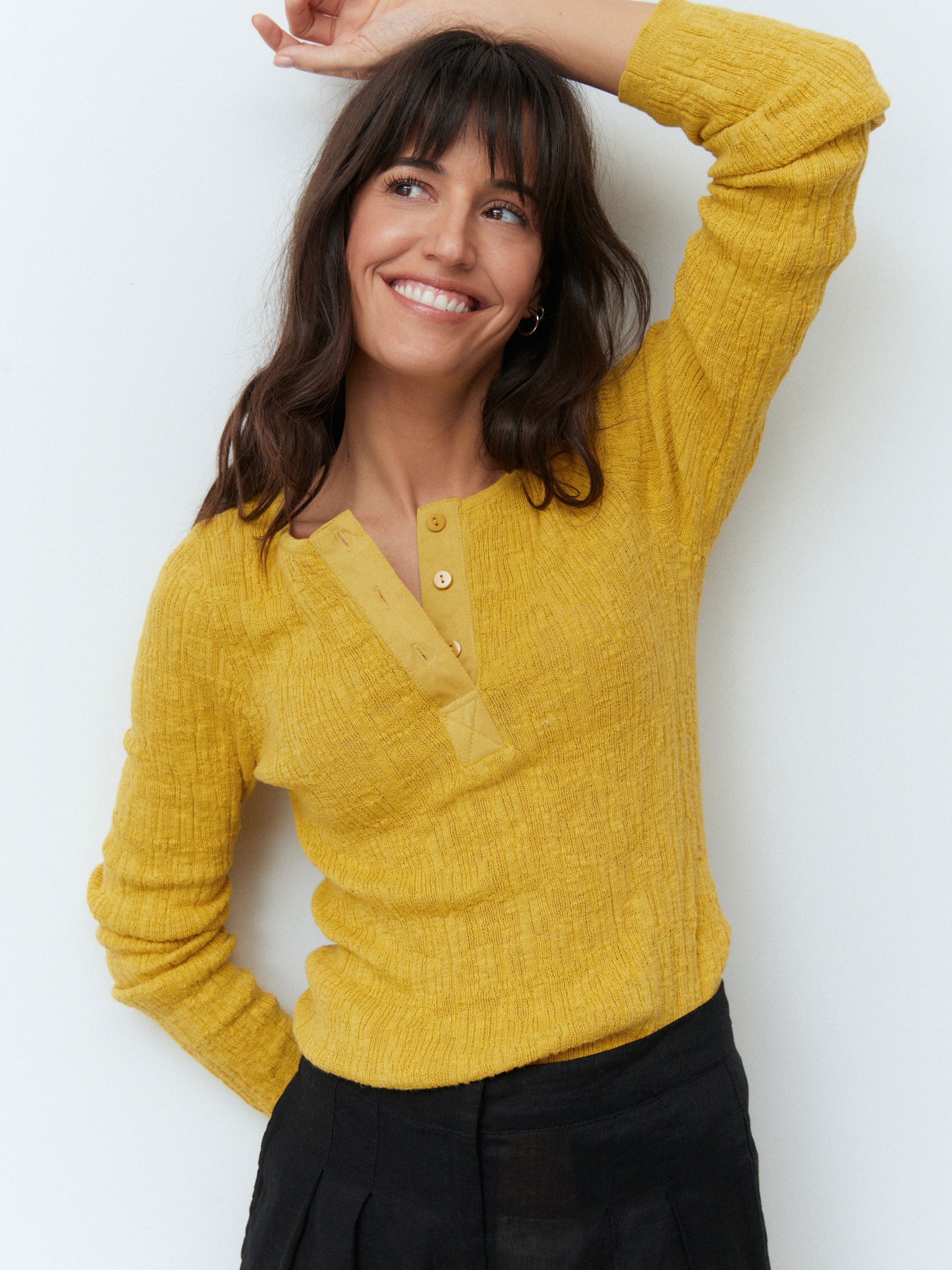 Buy Yellow Long Sleeve Crew Neck Textured Knitted Top Jumper from the ...