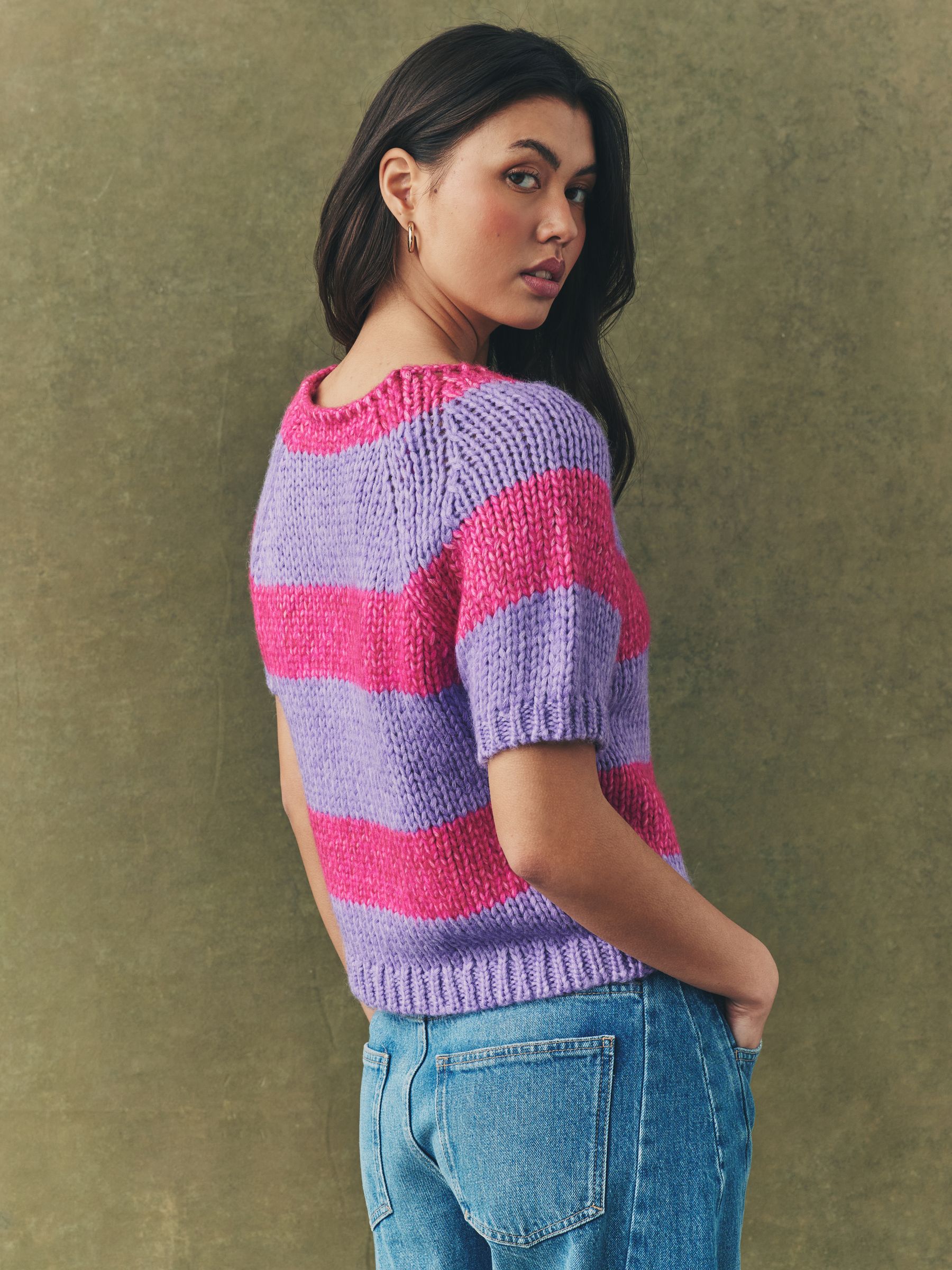 Buy Pink Purple Stripe Striped Chunky Short Sleeve Knitted Top from the ...