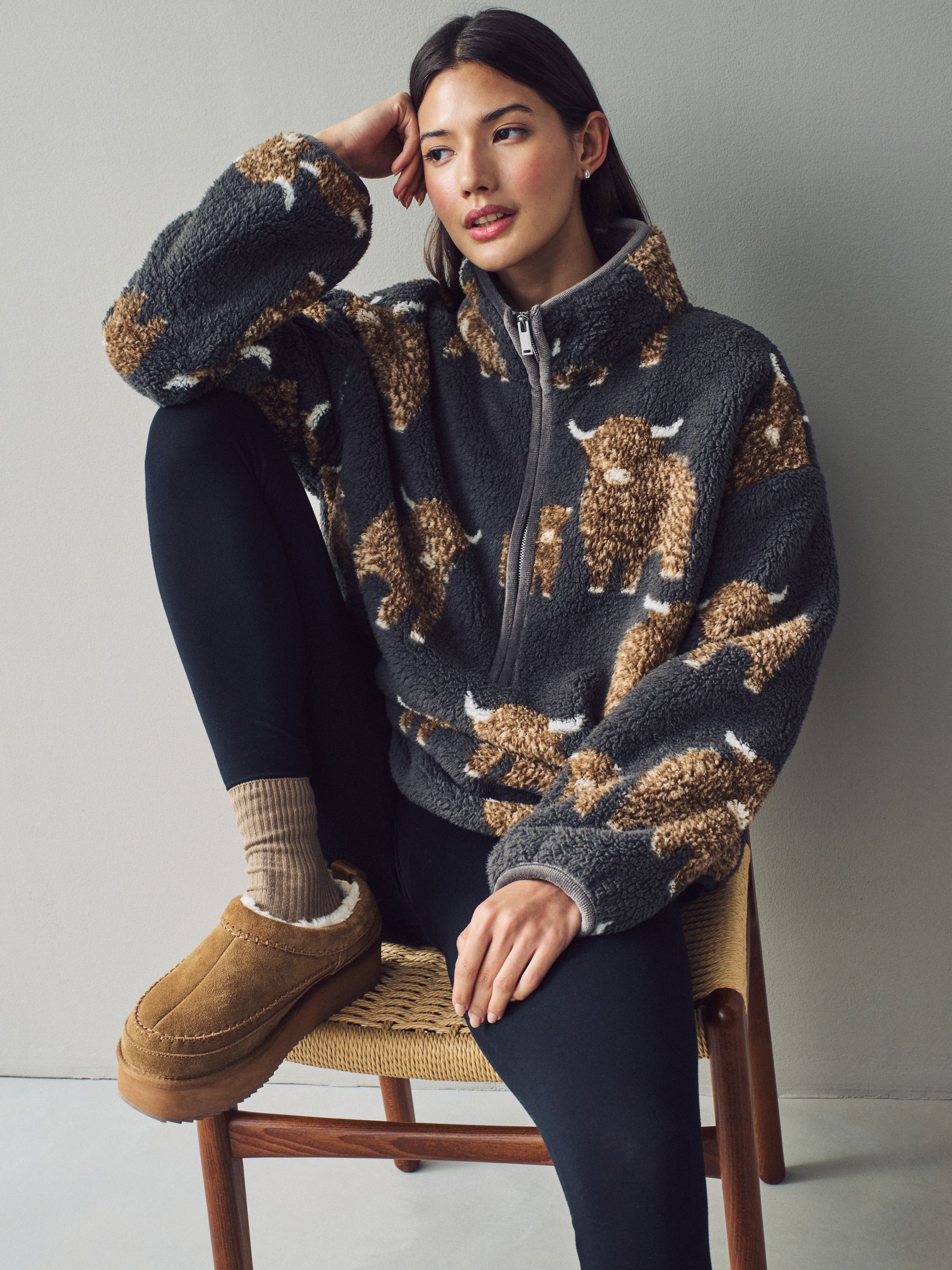 Buy Charcoal Grey Hamish The Highland Cow Borg Zip Neck Fleece from the ...