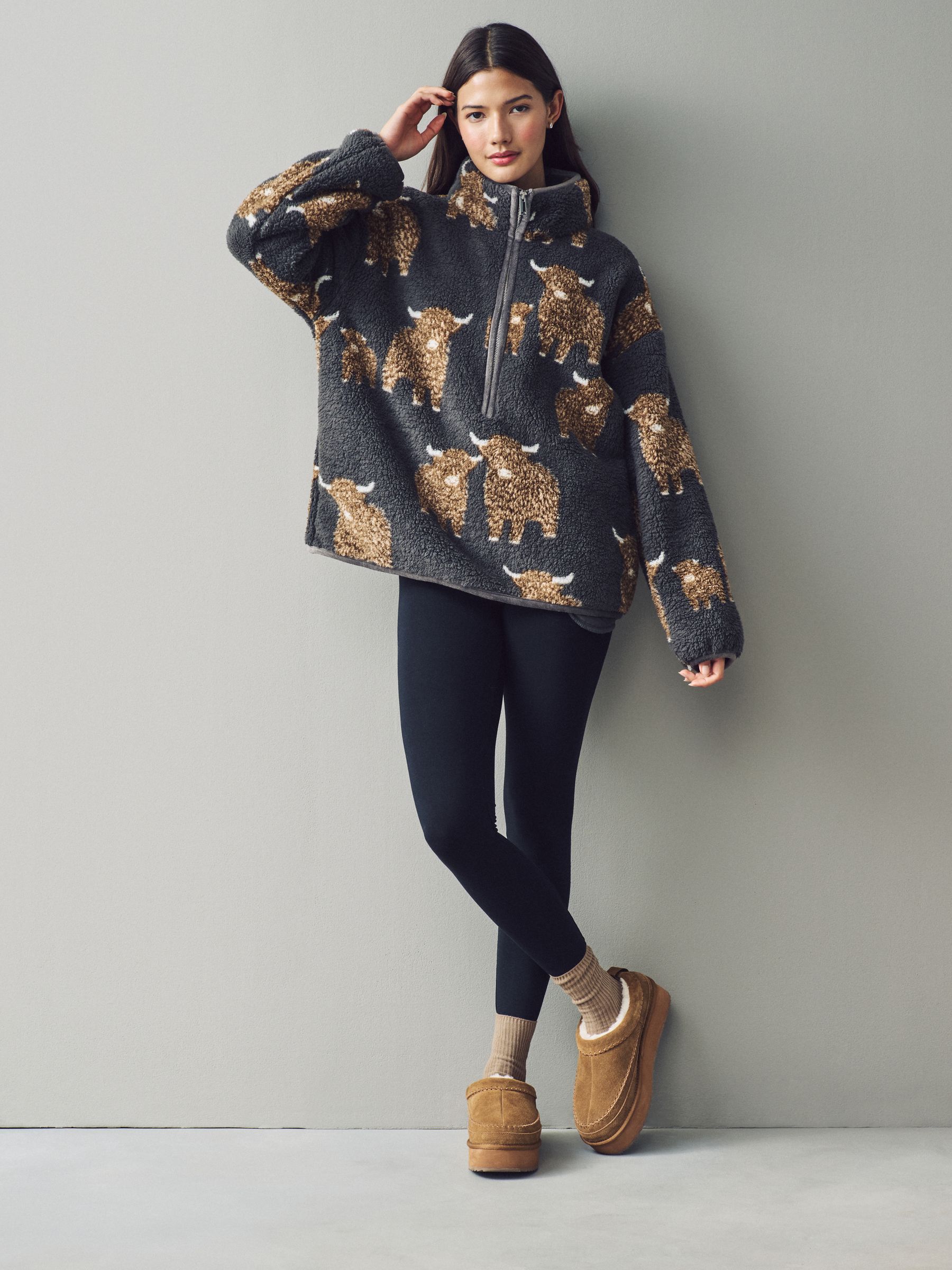 Buy Charcoal Grey Hamish The Highland Cow Matching Family Borg Zip Neck ...