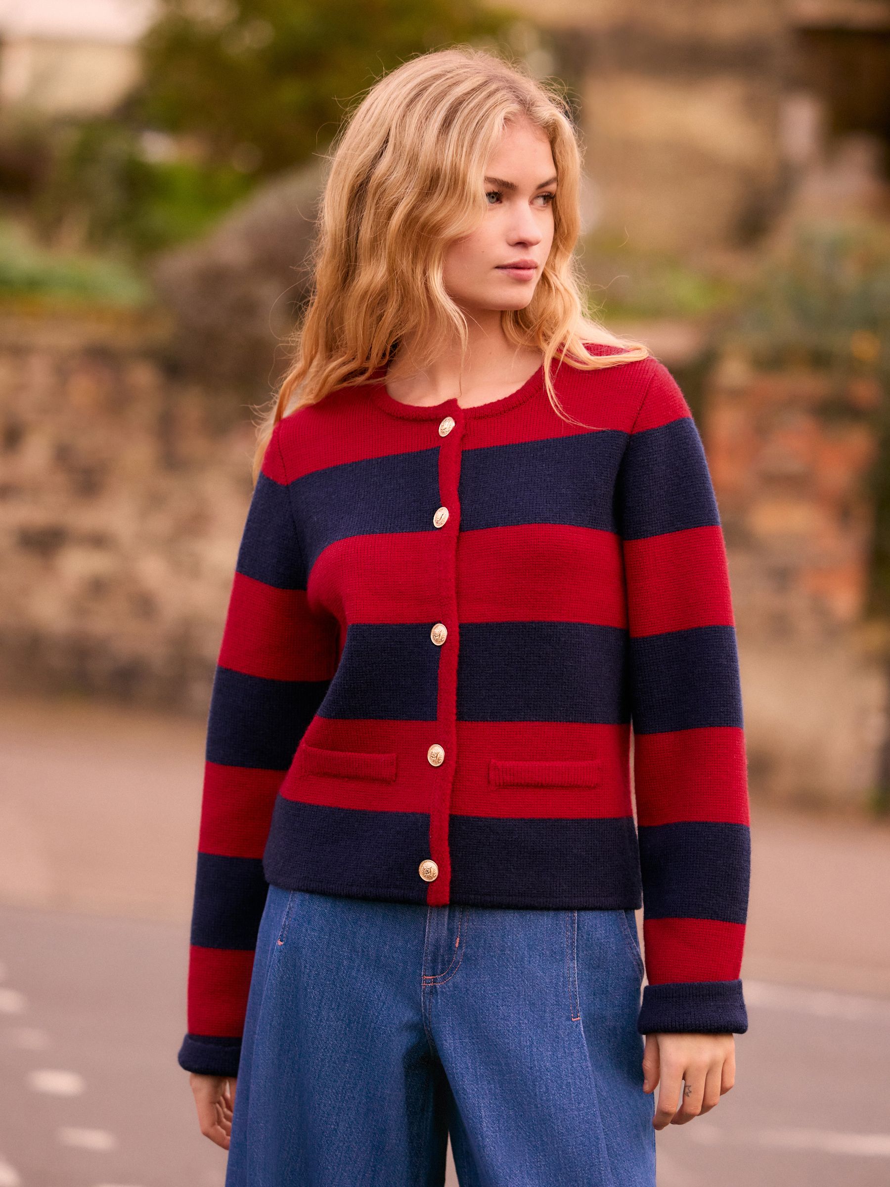 Buy Navy Red Stripe Smart Knitted Button Up Cardigan with Wool from the ...