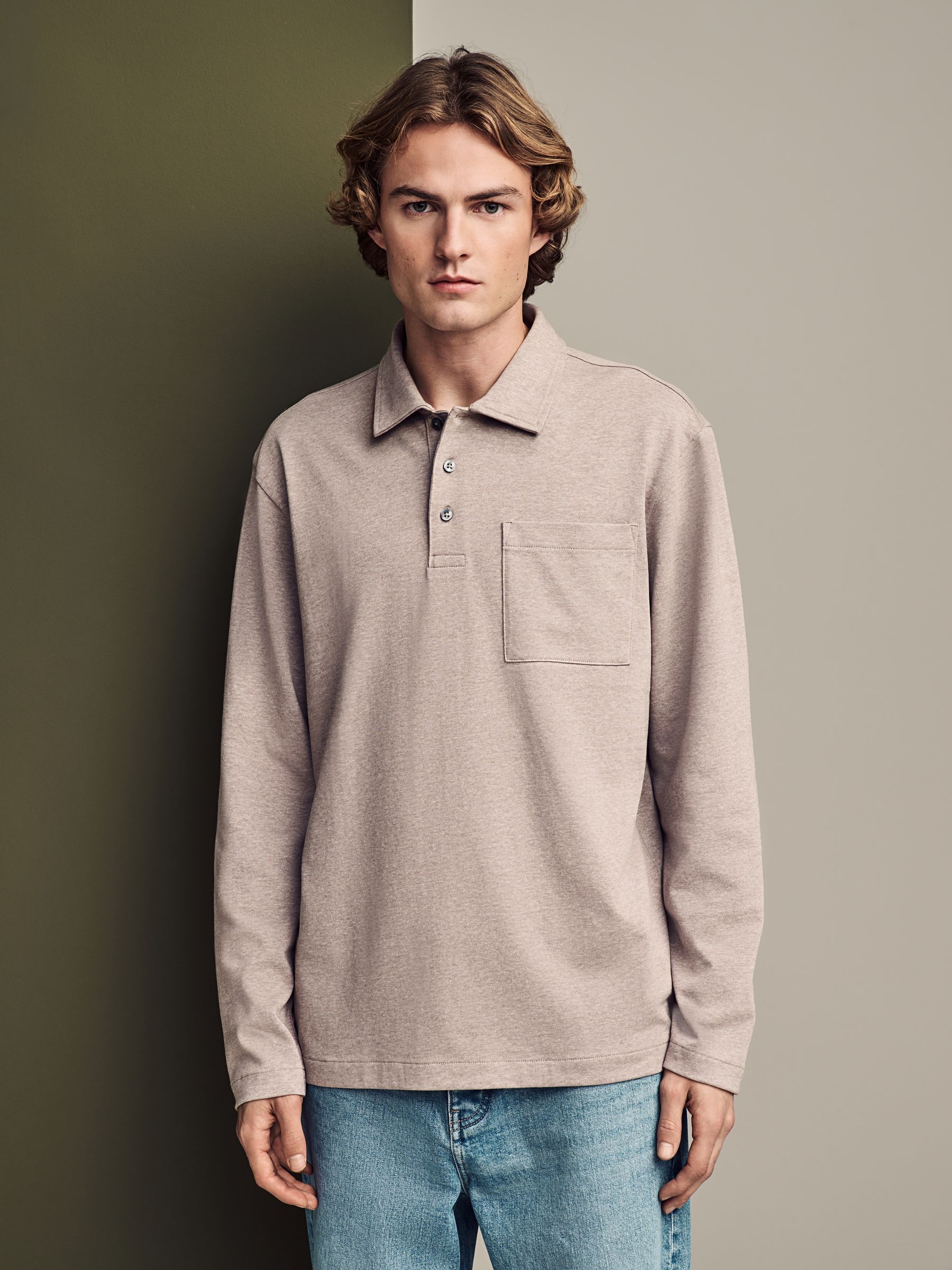 Buy Neutral Marl Heavyweight Long Sleeve Polo Shirt from the Next UK ...