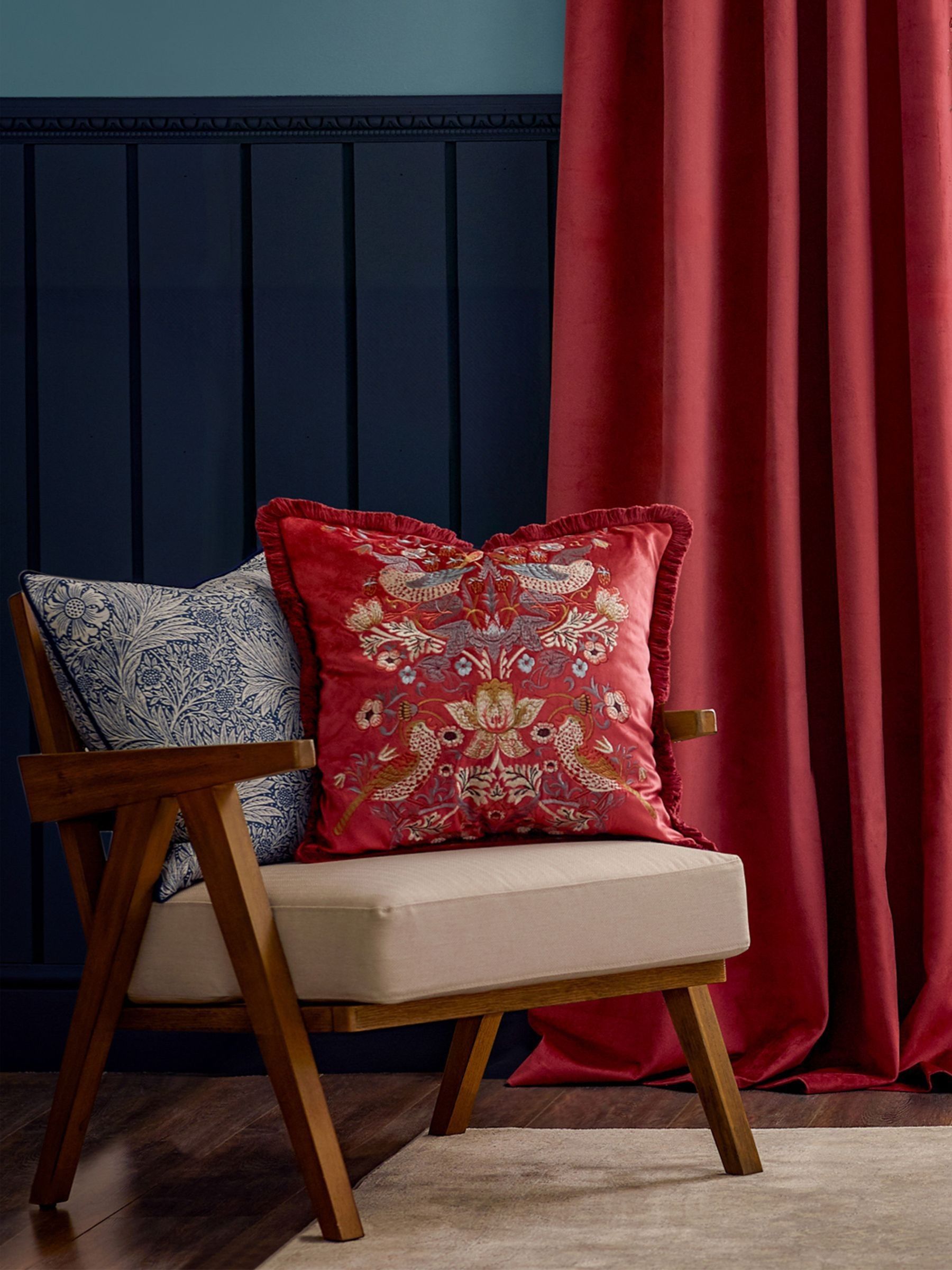Buy Morris & Co Berry Strawberry Thief Embroidered Fringed Cushion from ...