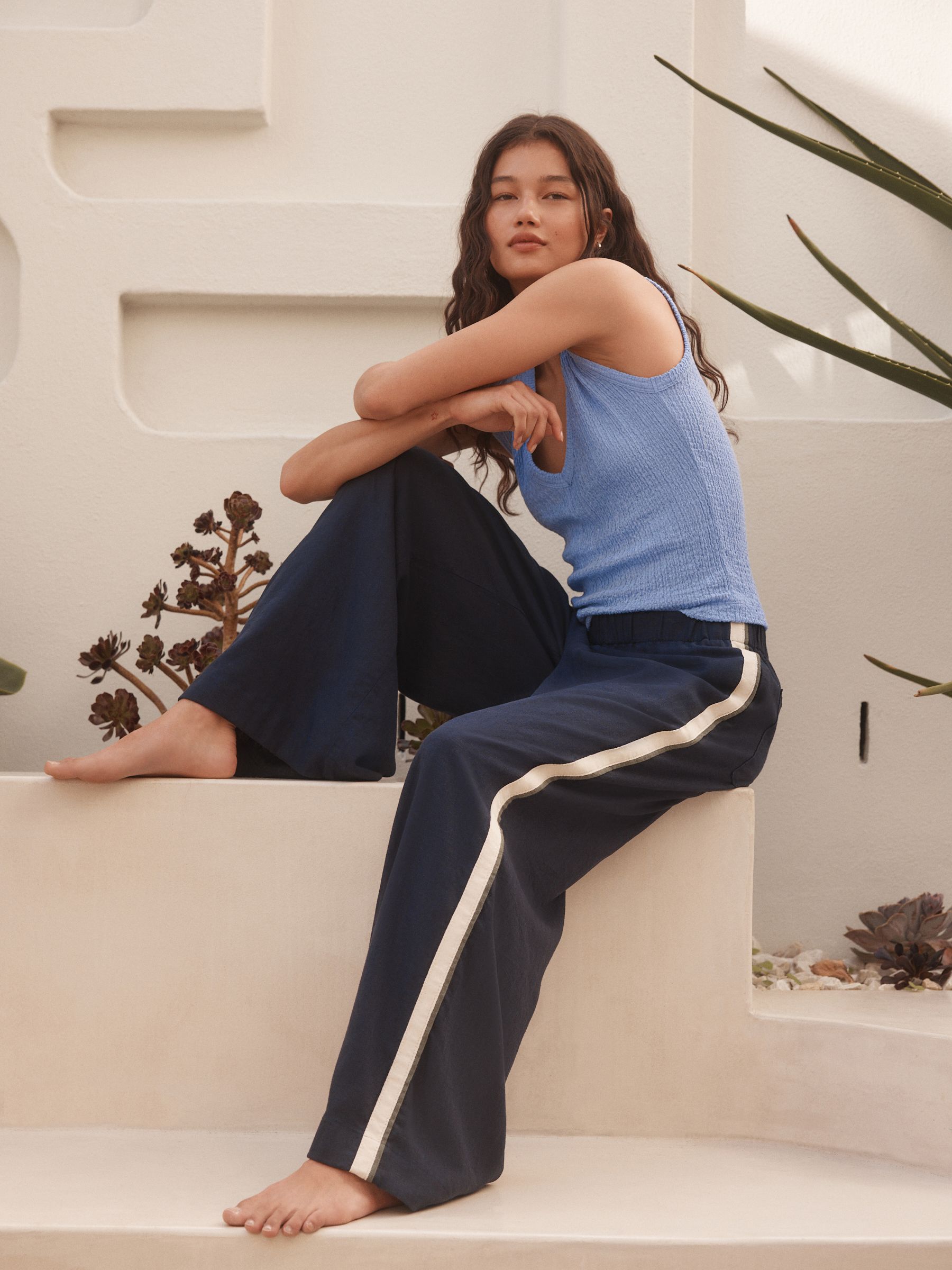 Buy Navy Side Stripe Wide Leg Linen Rich Trousers from Next Mauritius
