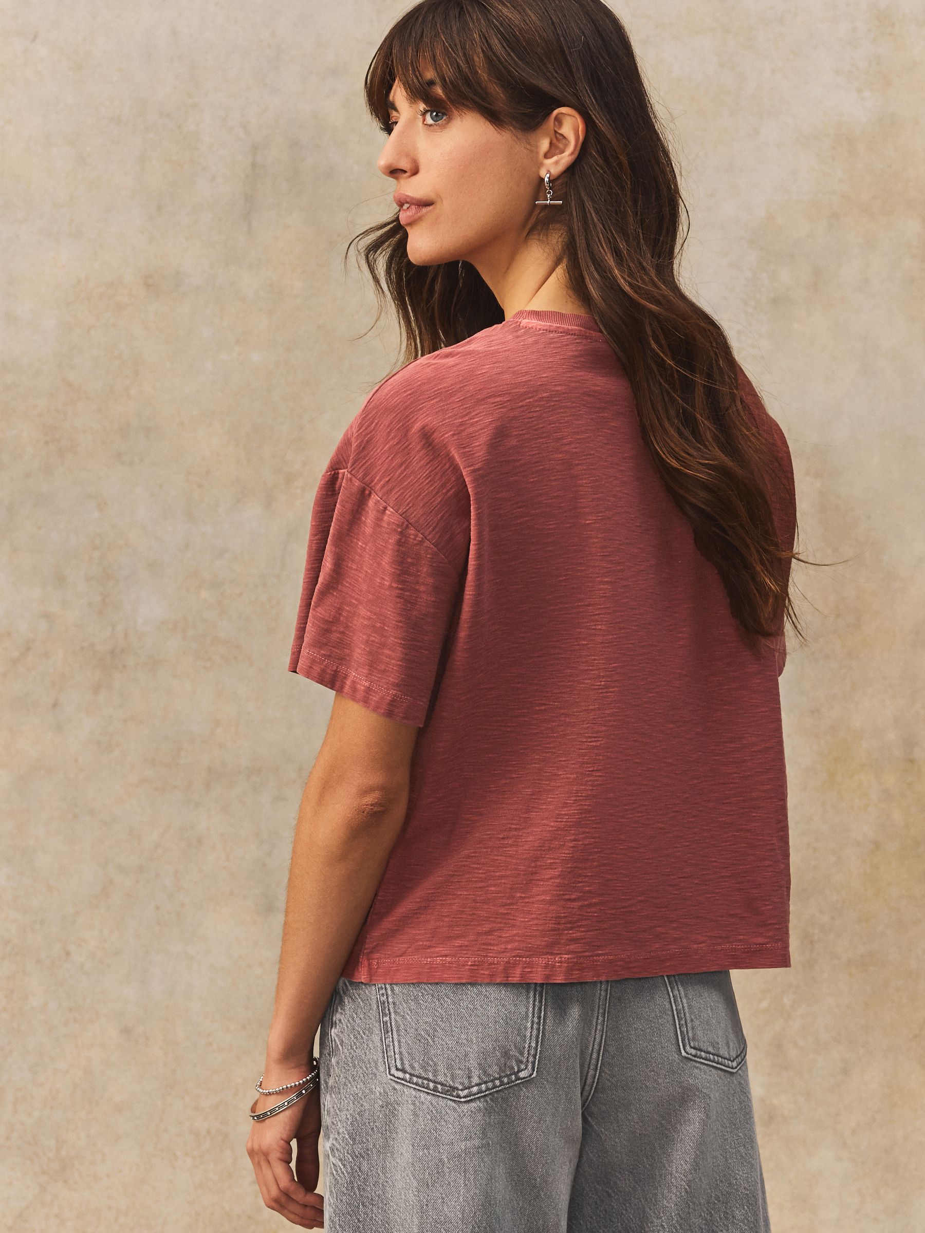 Buy Rust Red 100% Cotton Tonal Corded Detail Short Sleeve Crew Neck T ...