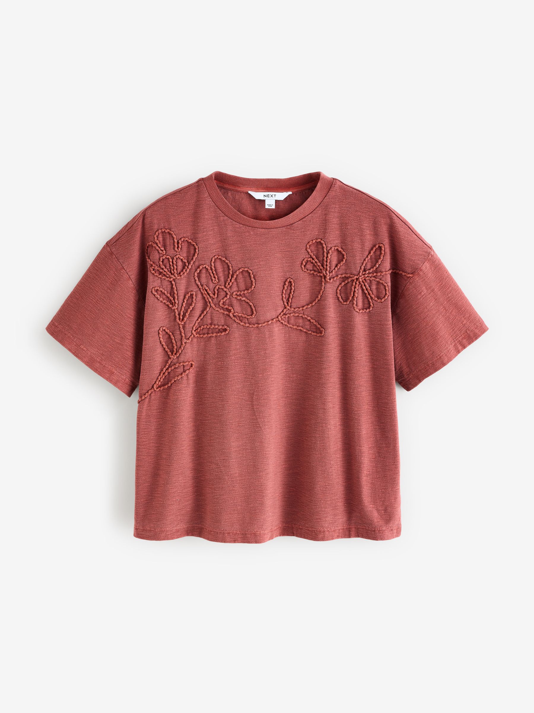 Buy Rust Red 100% Cotton Tonal Corded Detail Short Sleeve Crew Neck T ...