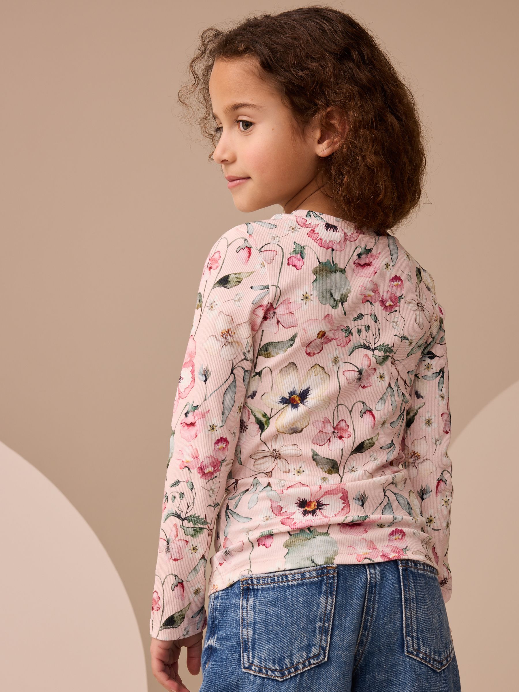 Buy Light Pink Floral Long Sleeve Ribbed Top (3-16yrs) from Next USA