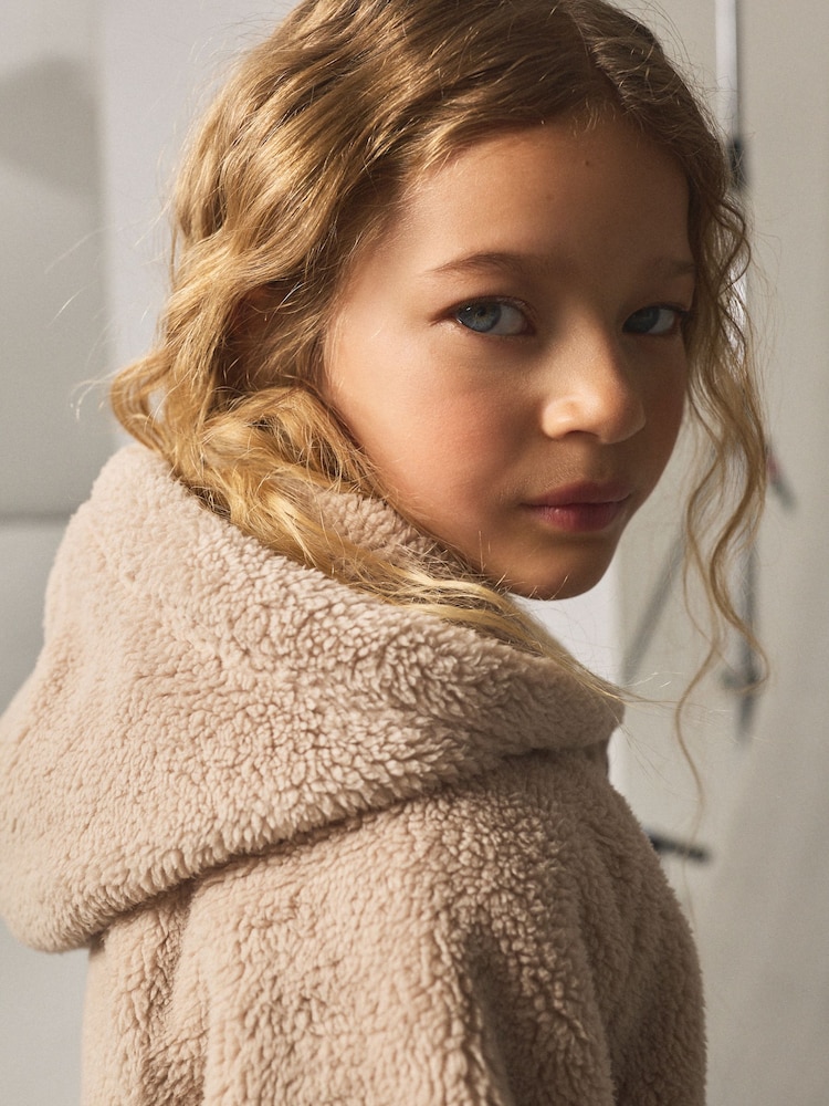 Buy Neutral - Hooded Zip Borg Fleece Jacket (3-16yrs) from Next Taiwan