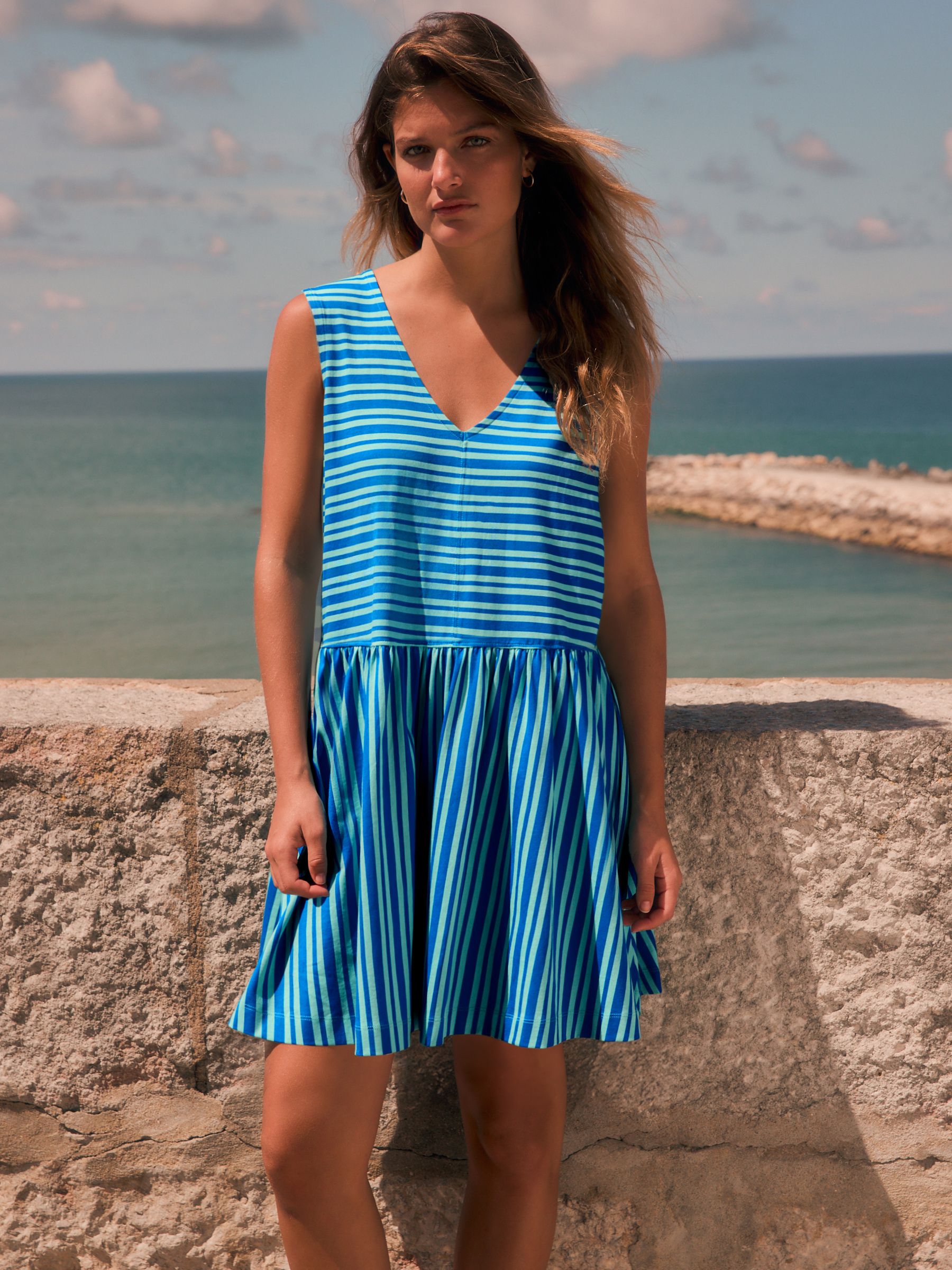 Buy Blue Stripe 100% Cotton V-Neck Jersey Mini Summer Dress from the ...