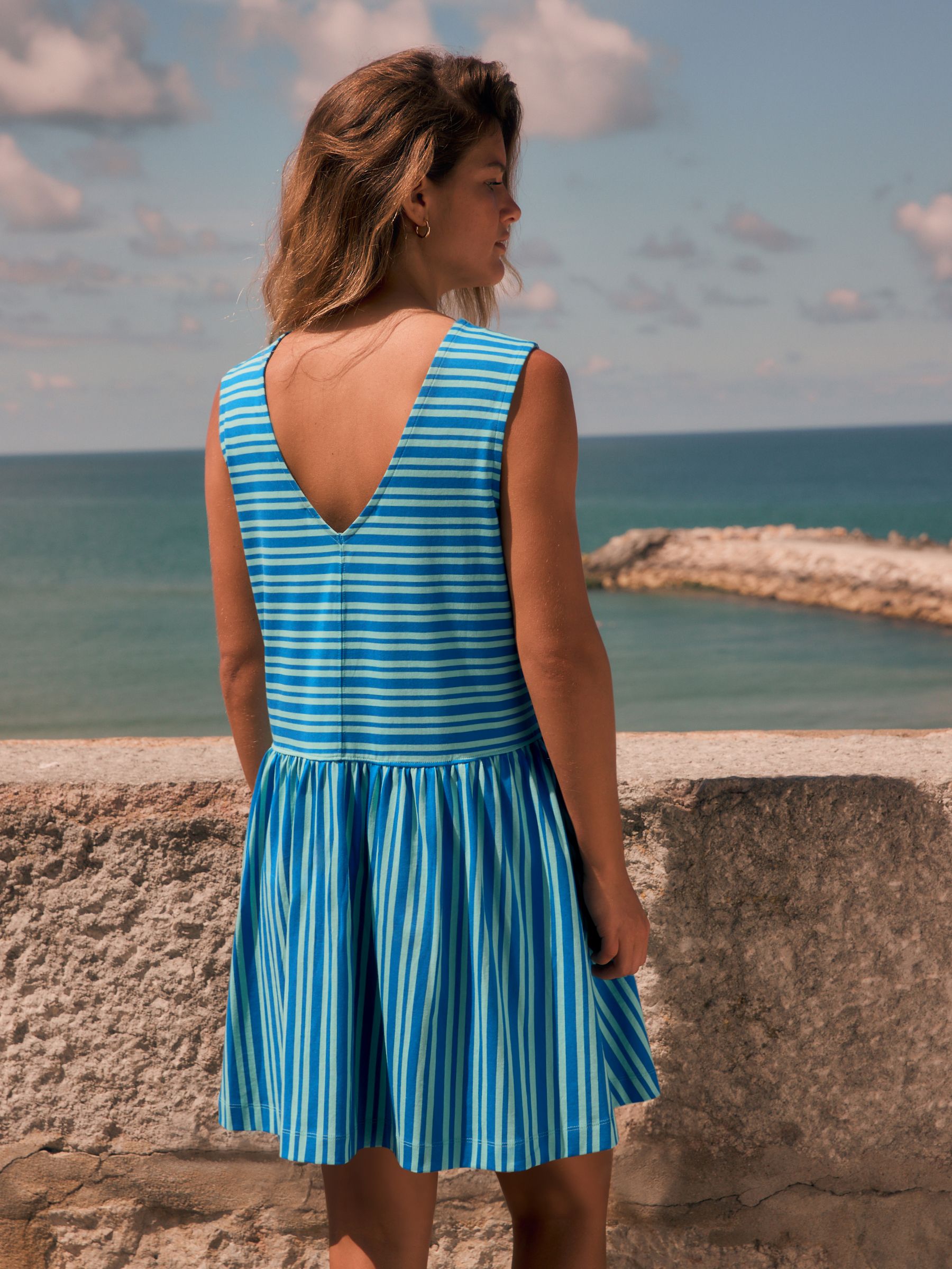 Buy Blue Stripe 100% Cotton V-Neck Jersey Mini Summer Dress from the ...