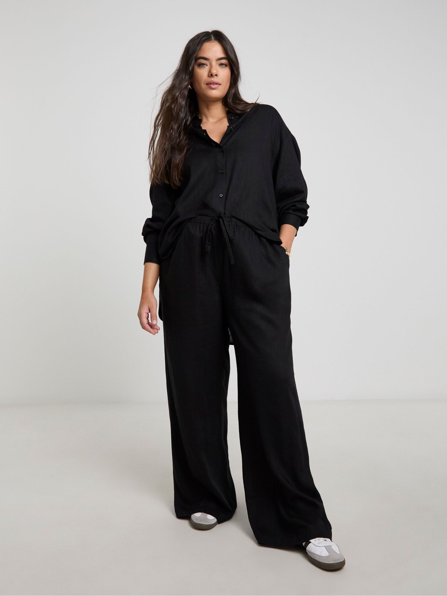 Buy Simply Be Black Tie Waist Wide Leg Linen Mix Trousers from the Next ...