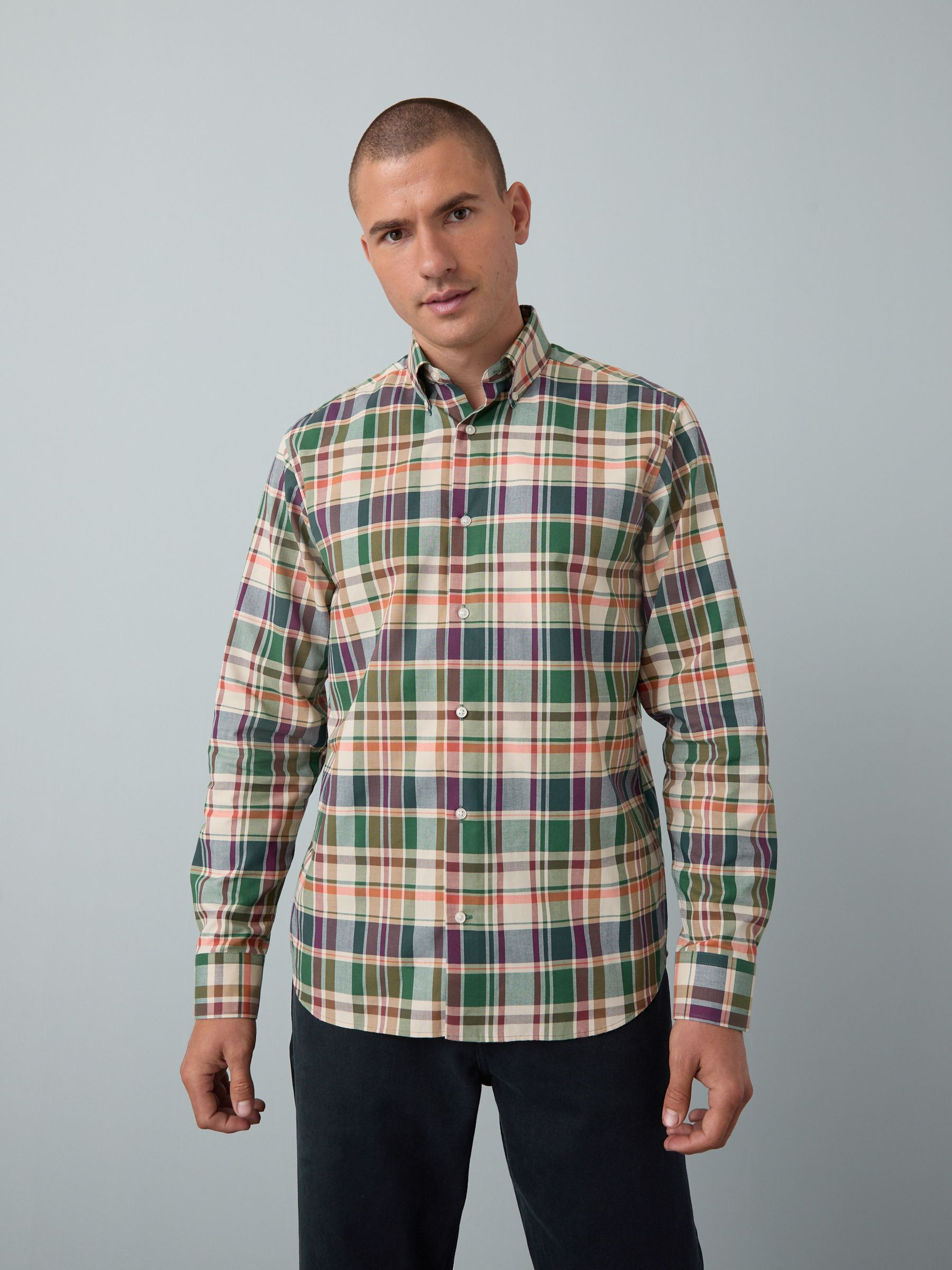 Buy Neutral Brown/ Green Regular Fit Easy Iron Button Down Oxford Shirt ...