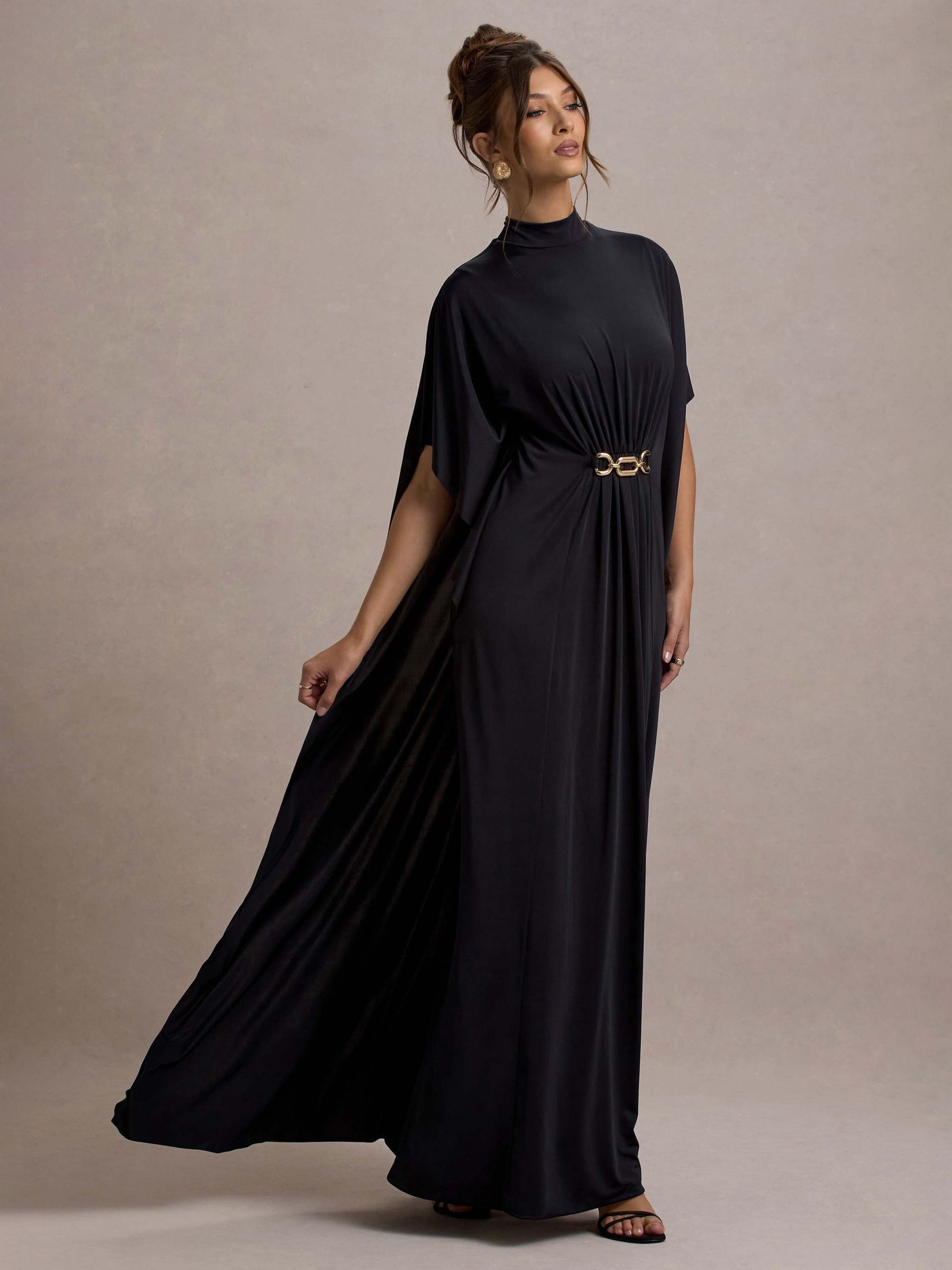Buy Club L London Black Olessia Belted Gathered Cape-Sleeve Maxi Dress ...