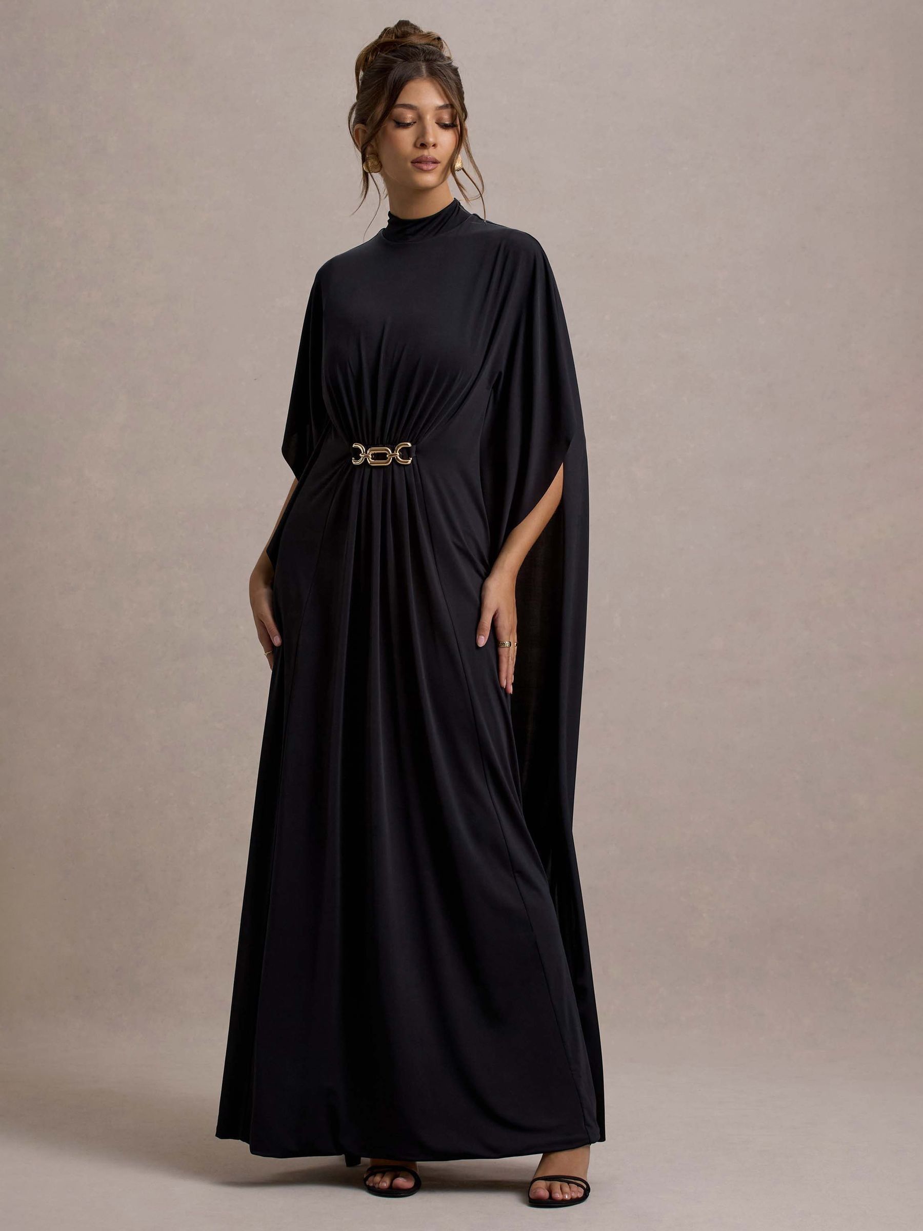 Buy Club L London Black Olessia Belted Gathered Cape-Sleeve Maxi Dress ...