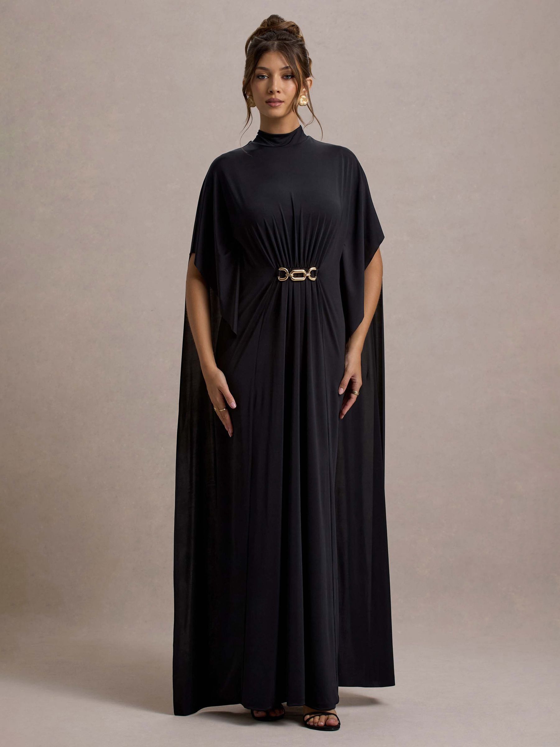 Buy Club L London Black Olessia Belted Gathered Cape-Sleeve Maxi Dress ...