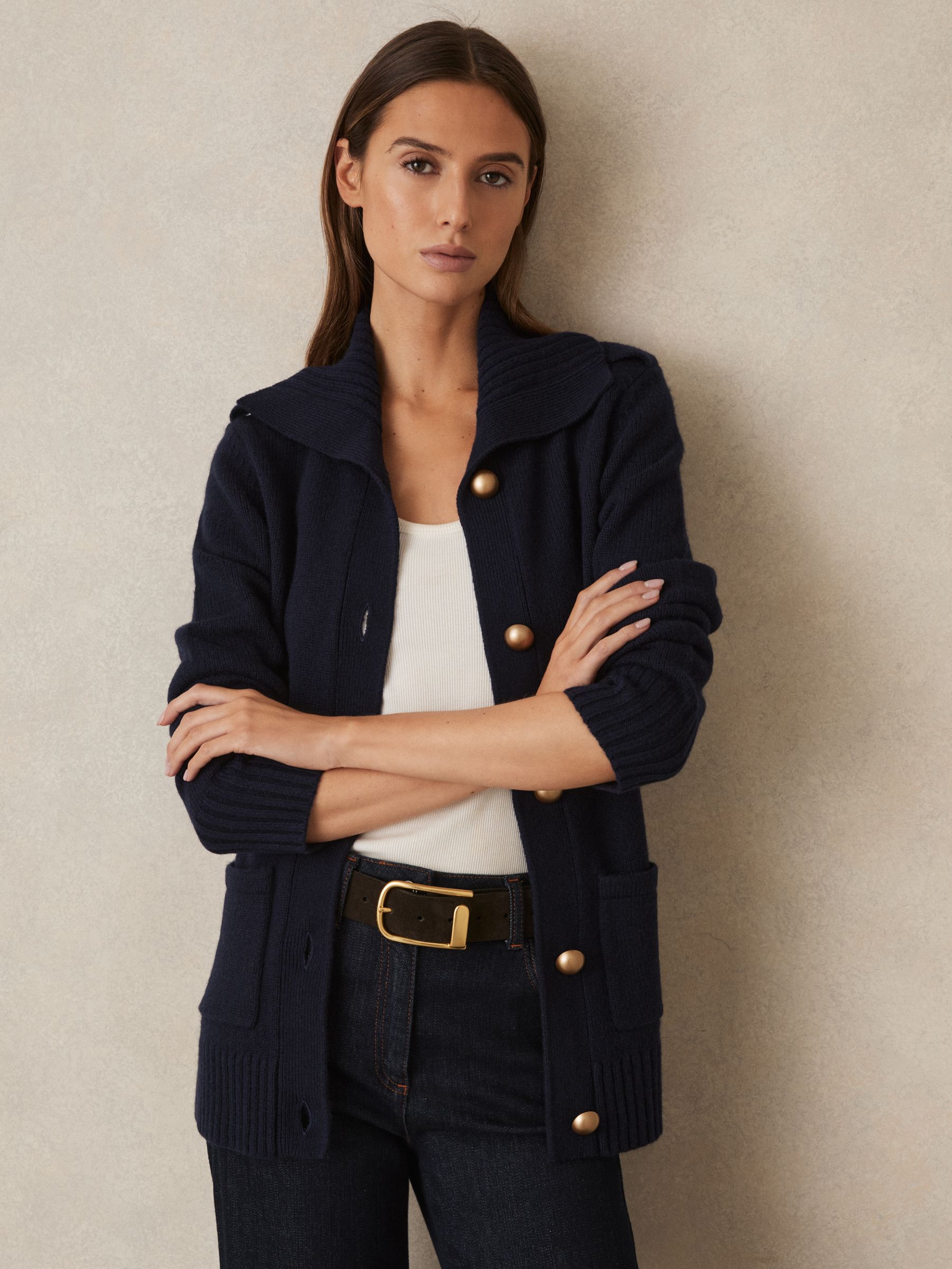 Buy Reiss Navy Cat Wool-Cashmere Spread Collar Cardigan from the Next ...