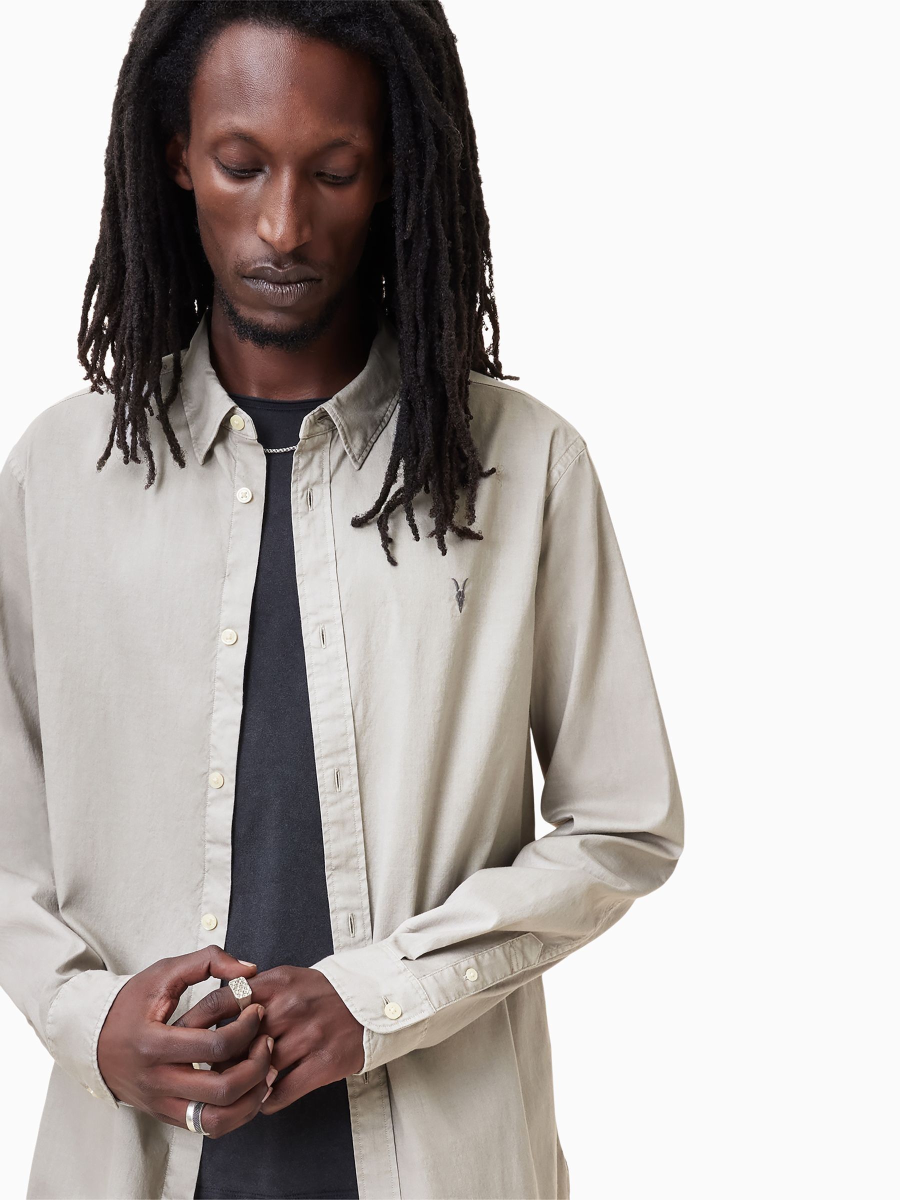 Buy AllSaints Grey Light Hawthorne Black Long Sleeve Button Up Shirt ...
