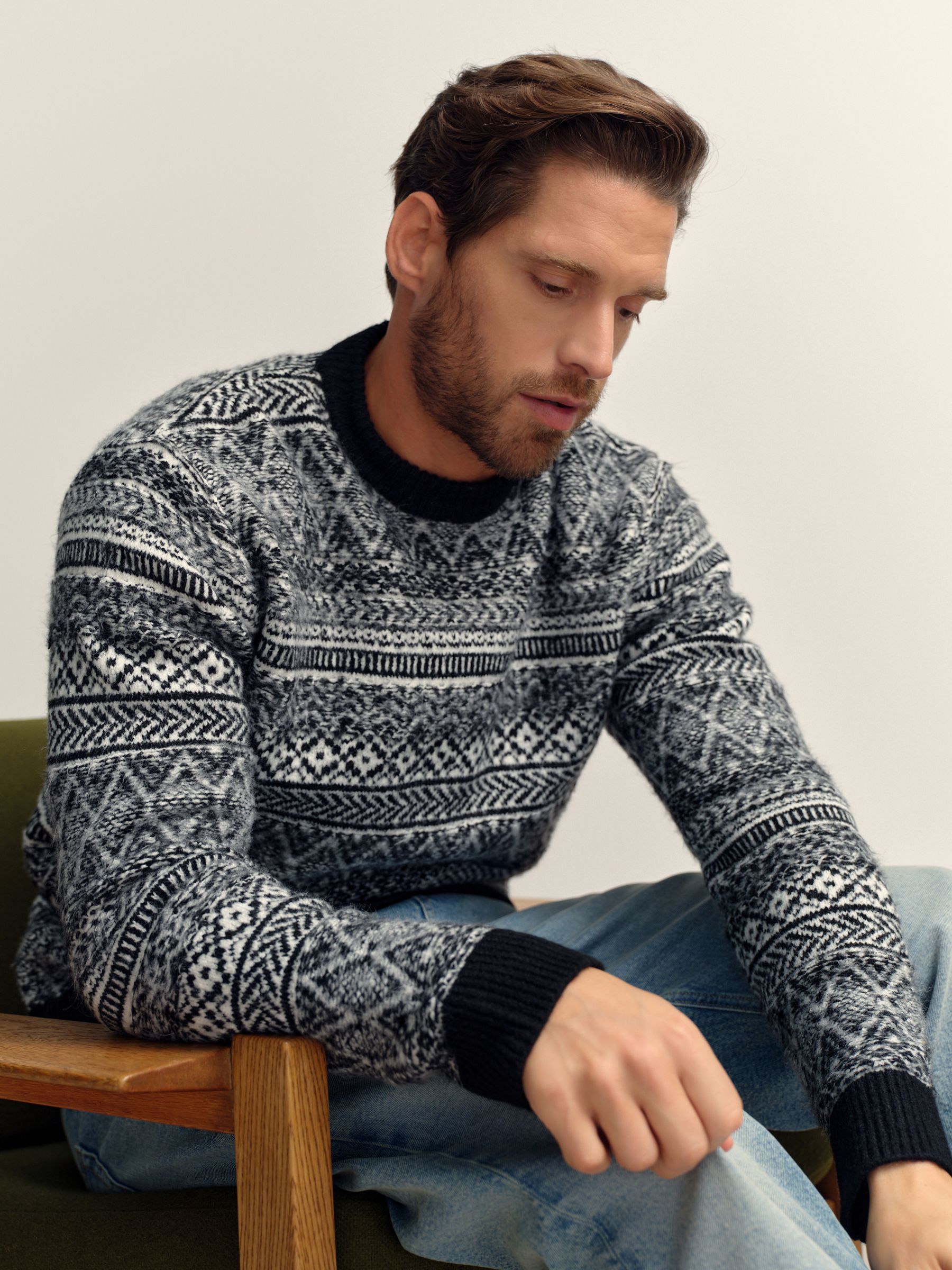 Buy Black/White Regular Fit Fairisle Pattern Crew Neck Jumper from the ...