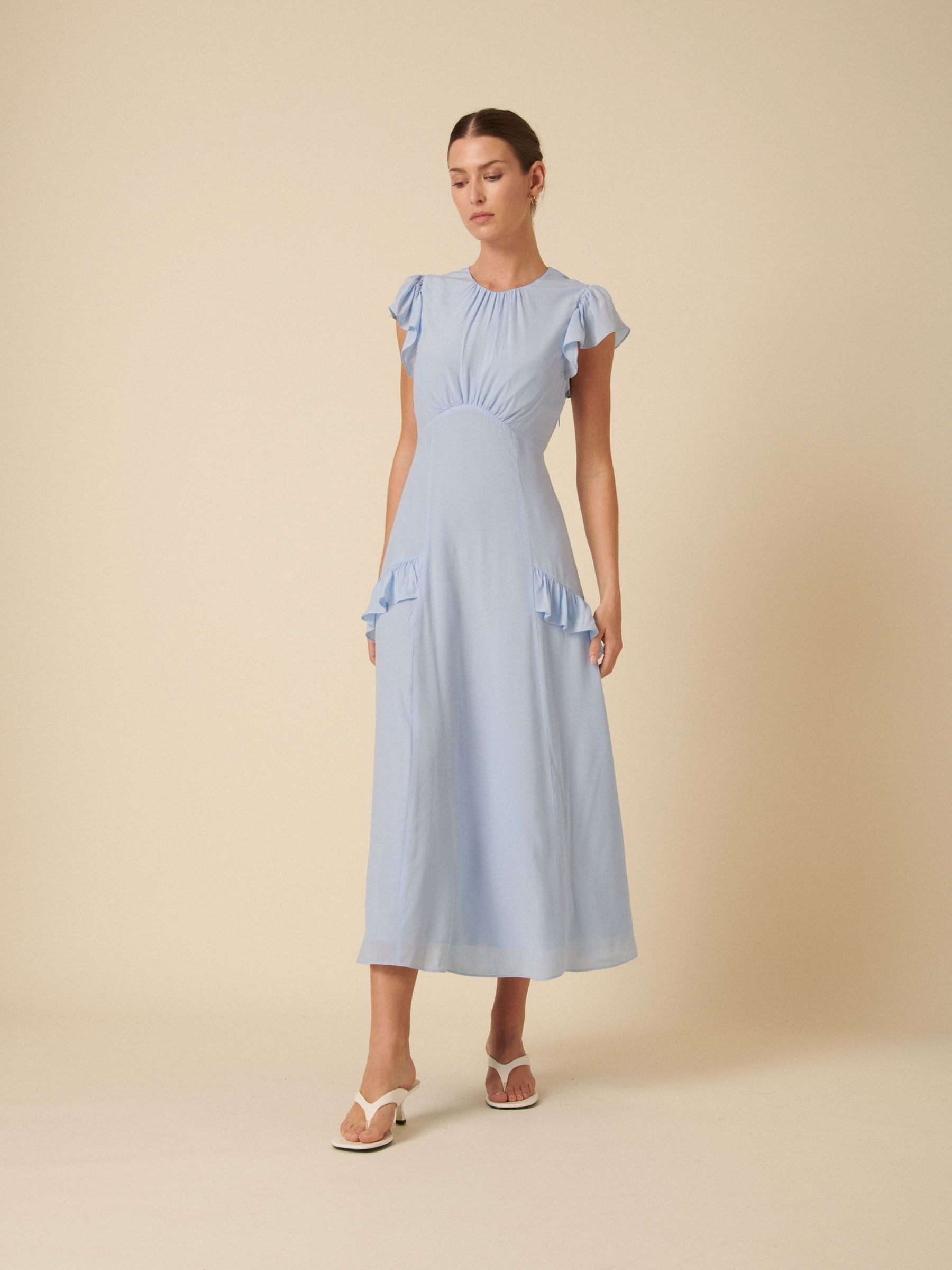 Buy Nobodys Child Blue Seren Open Back Ruffle Detail Midi Dress from ...