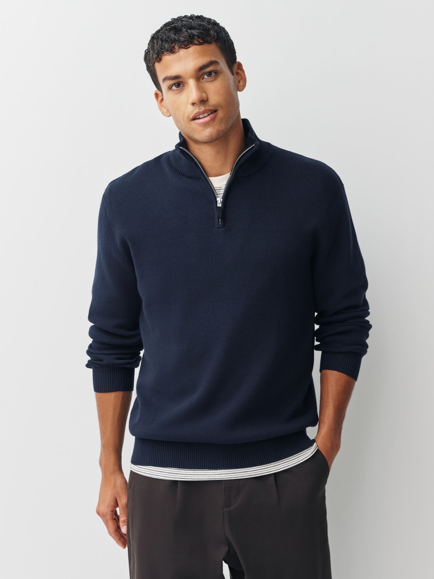 Buy Navy Blue/Oatmeal N.Premium 100% Cotton Regular Fit Premium Quarter ...