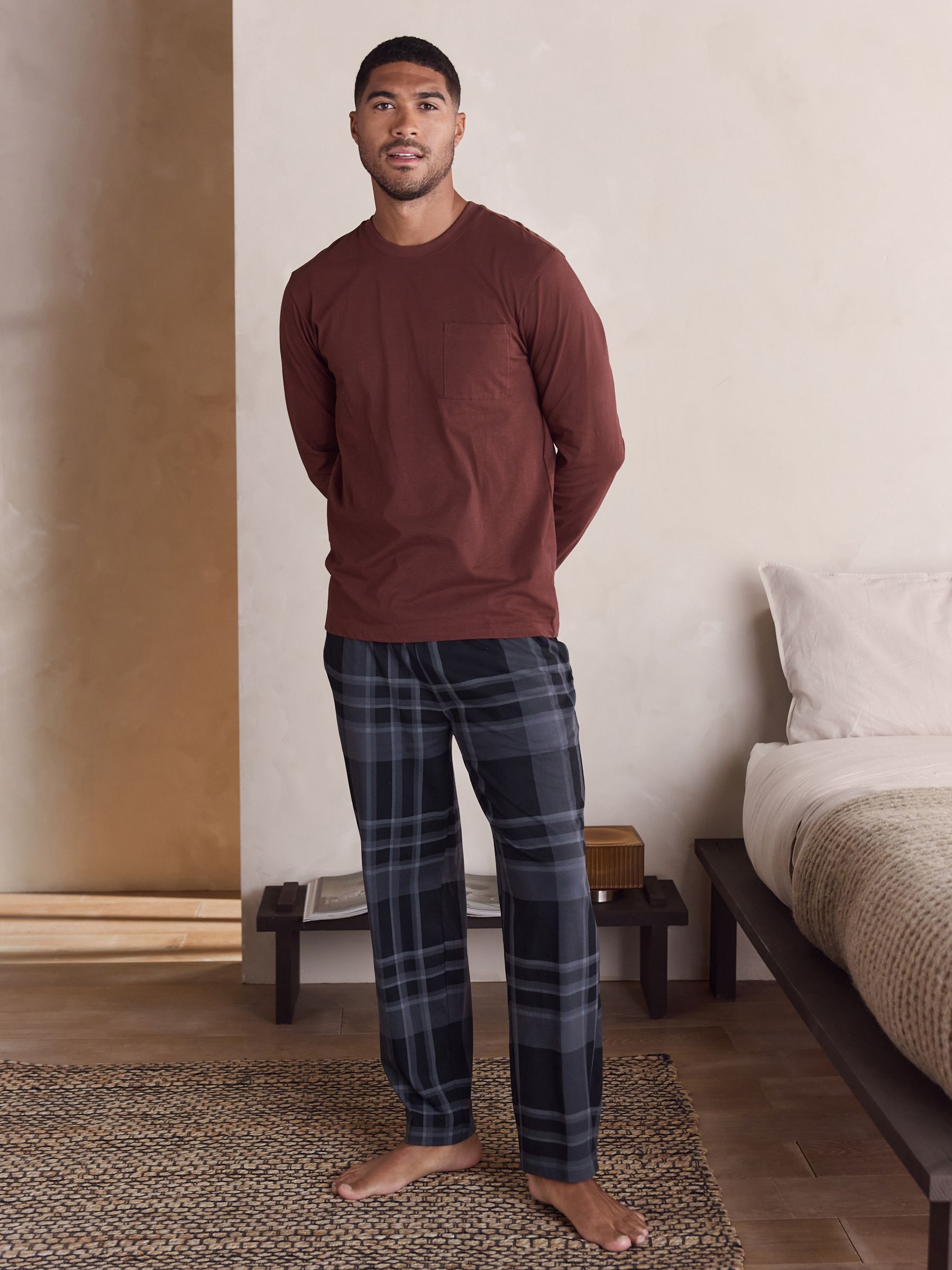 Buy Neutral/Navy Check Jersey Long Sleeve Pyjamas 2 Pack from the Next ...
