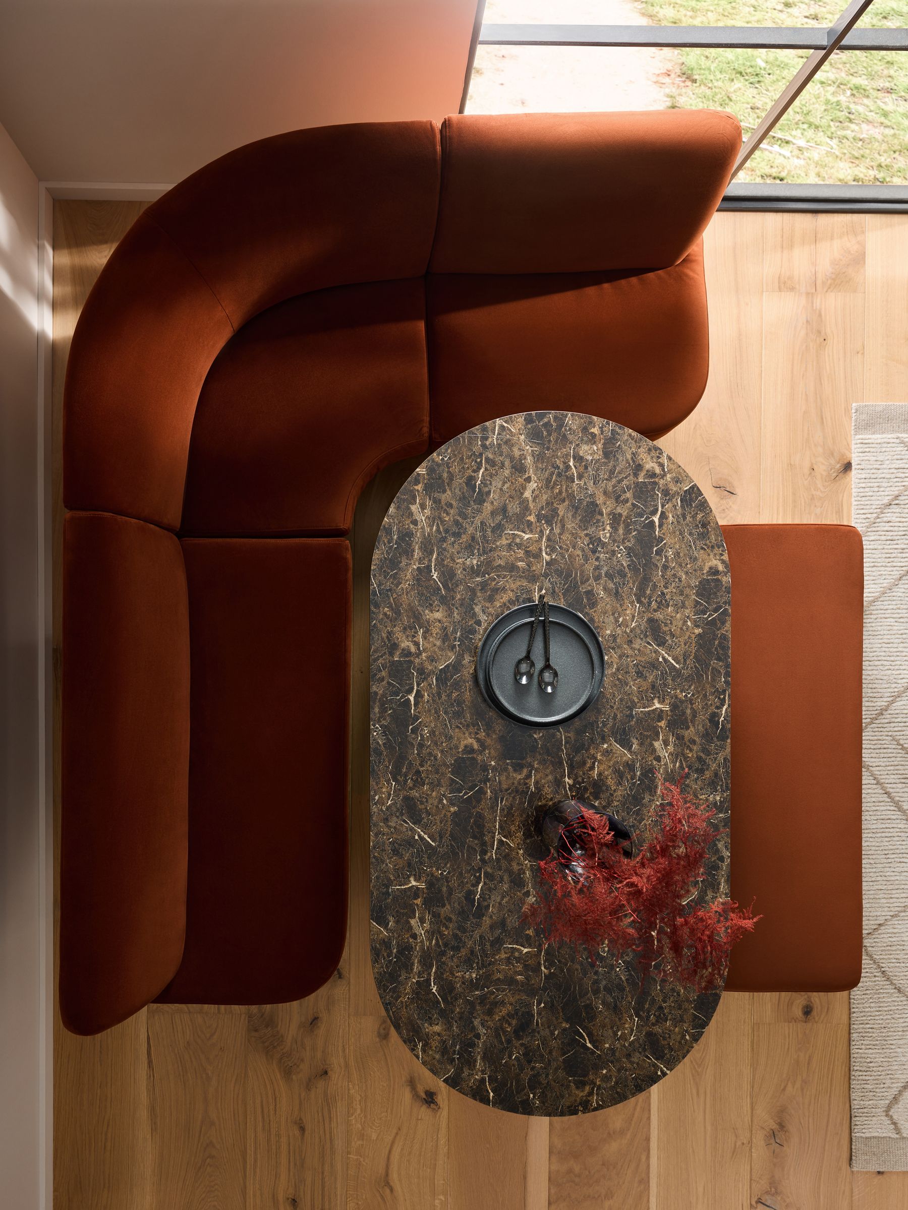 Buy Soft Velvet Rust Right Hand Corner Dining Table and Bench Set from ...