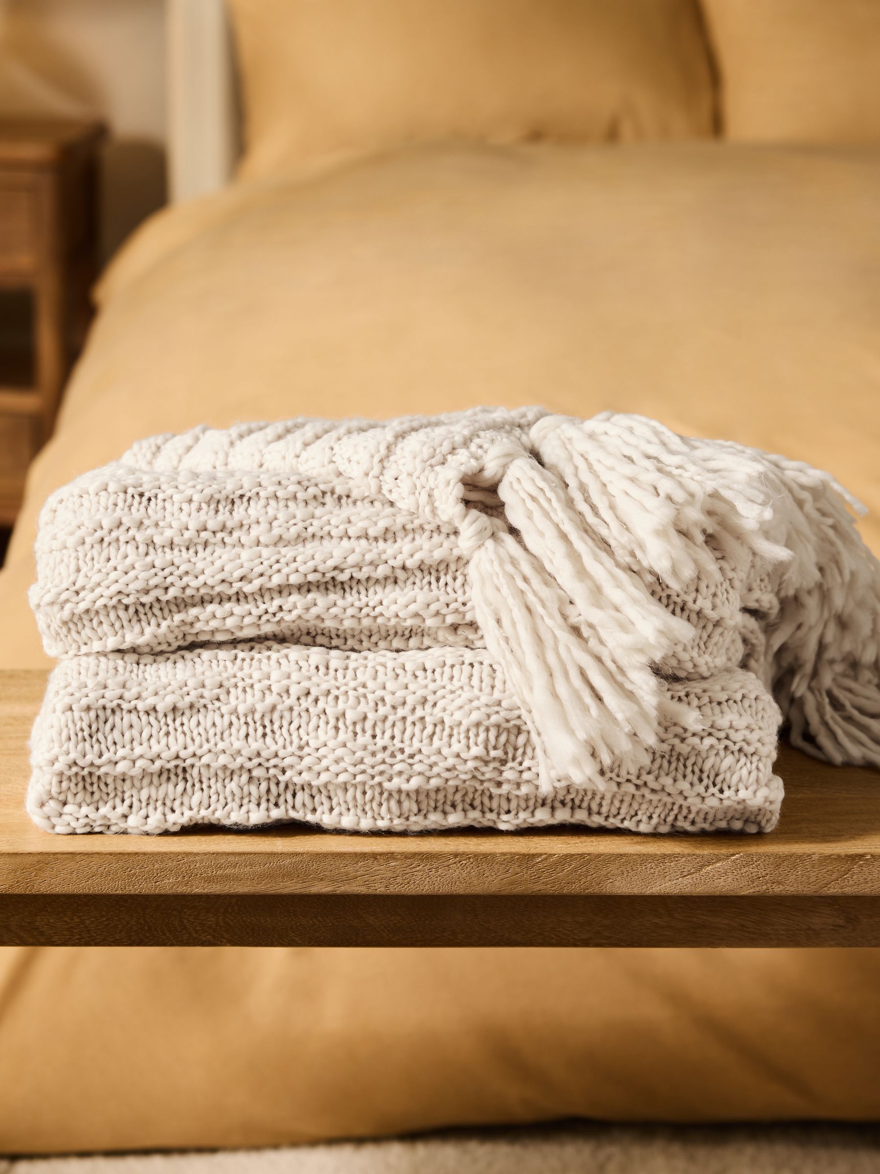 Buy Light Natural Tassel Knit Throw from the Next UK online shop