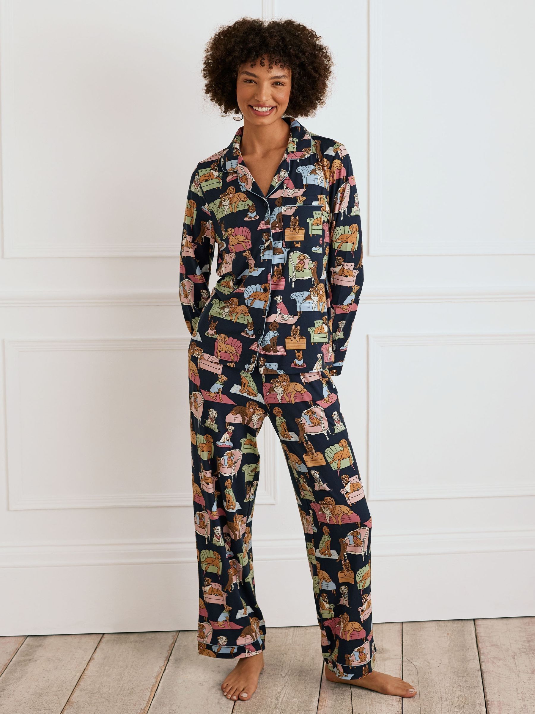 Buy Chelsea Peers Blue Trouser Pyjamas Dogs Night In Print Long Pyjamas ...