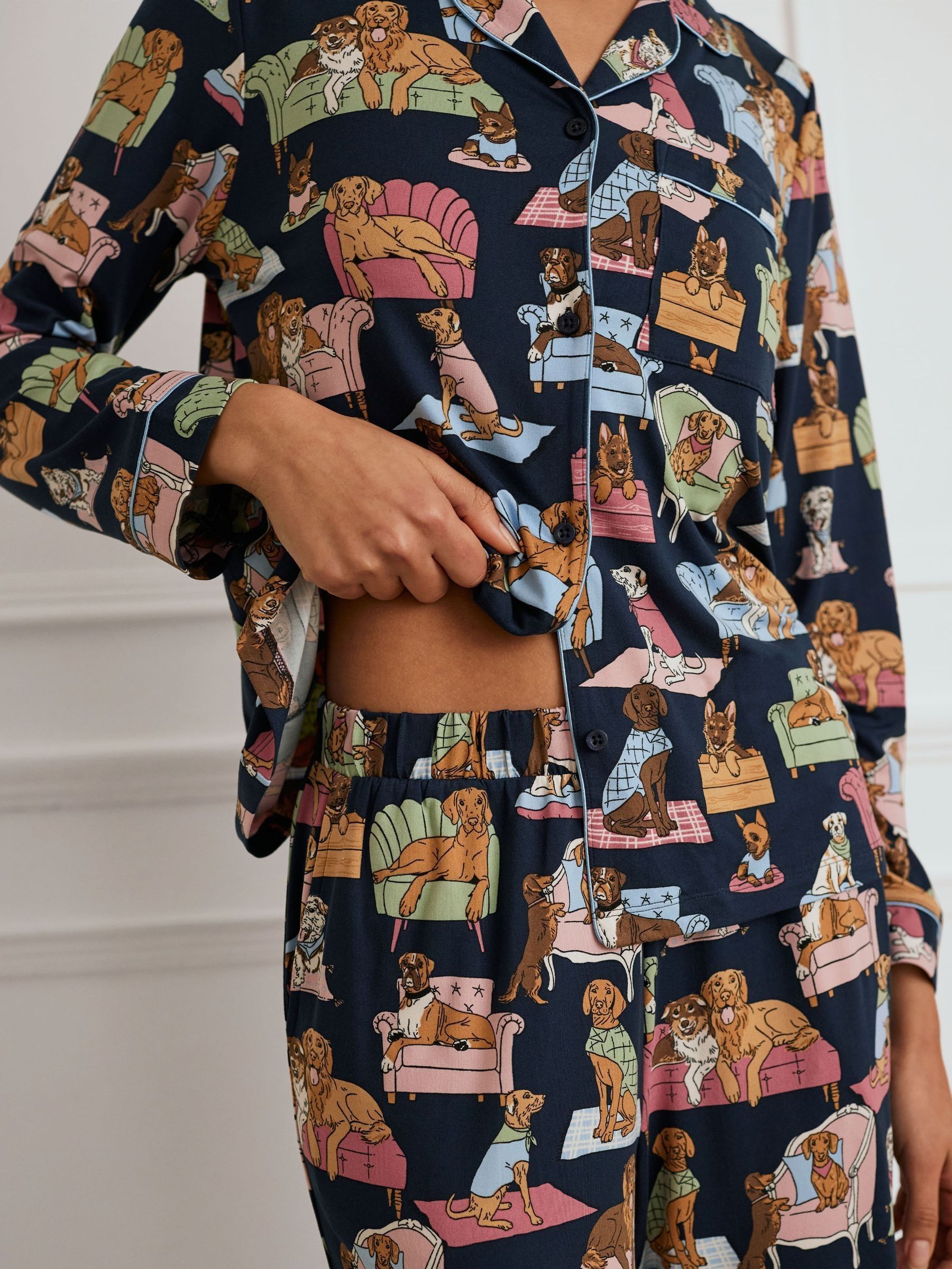 Buy Chelsea Peers Blue Trouser Pyjamas Dogs Night In Print Long Pyjamas ...