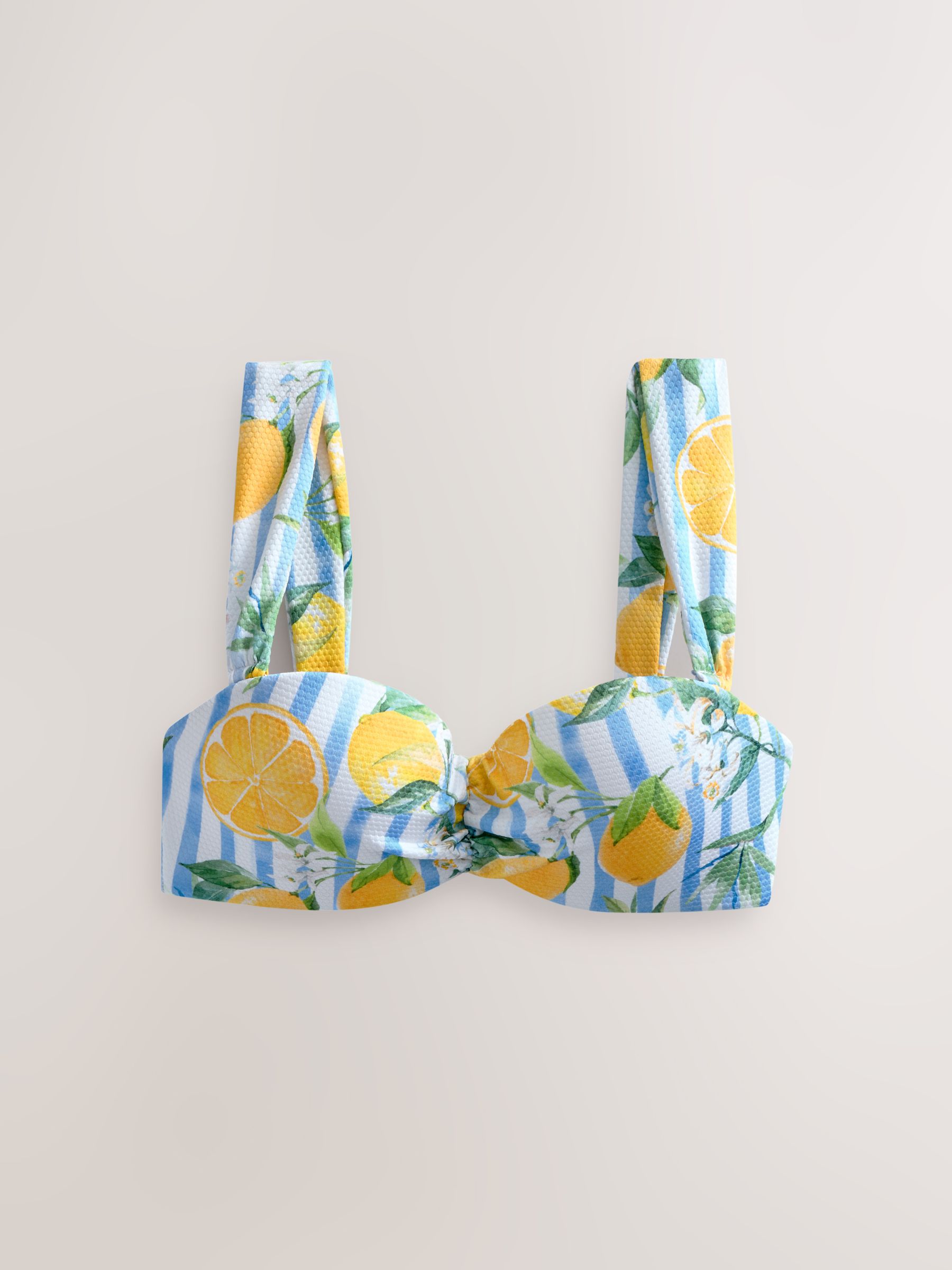 Buy White/Blue Pique Stripe Lemon Print Wired Bandeau Bikini Top from ...