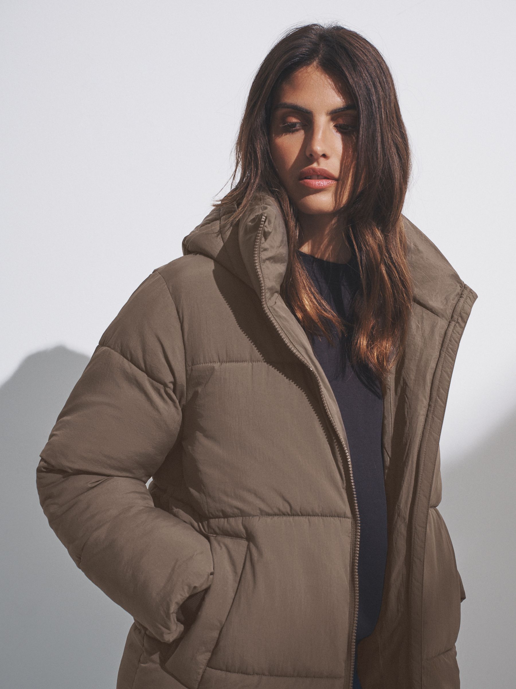 Buy The Set Hooded Longline Padded Midi Coat Taupe Brown from Next Israel