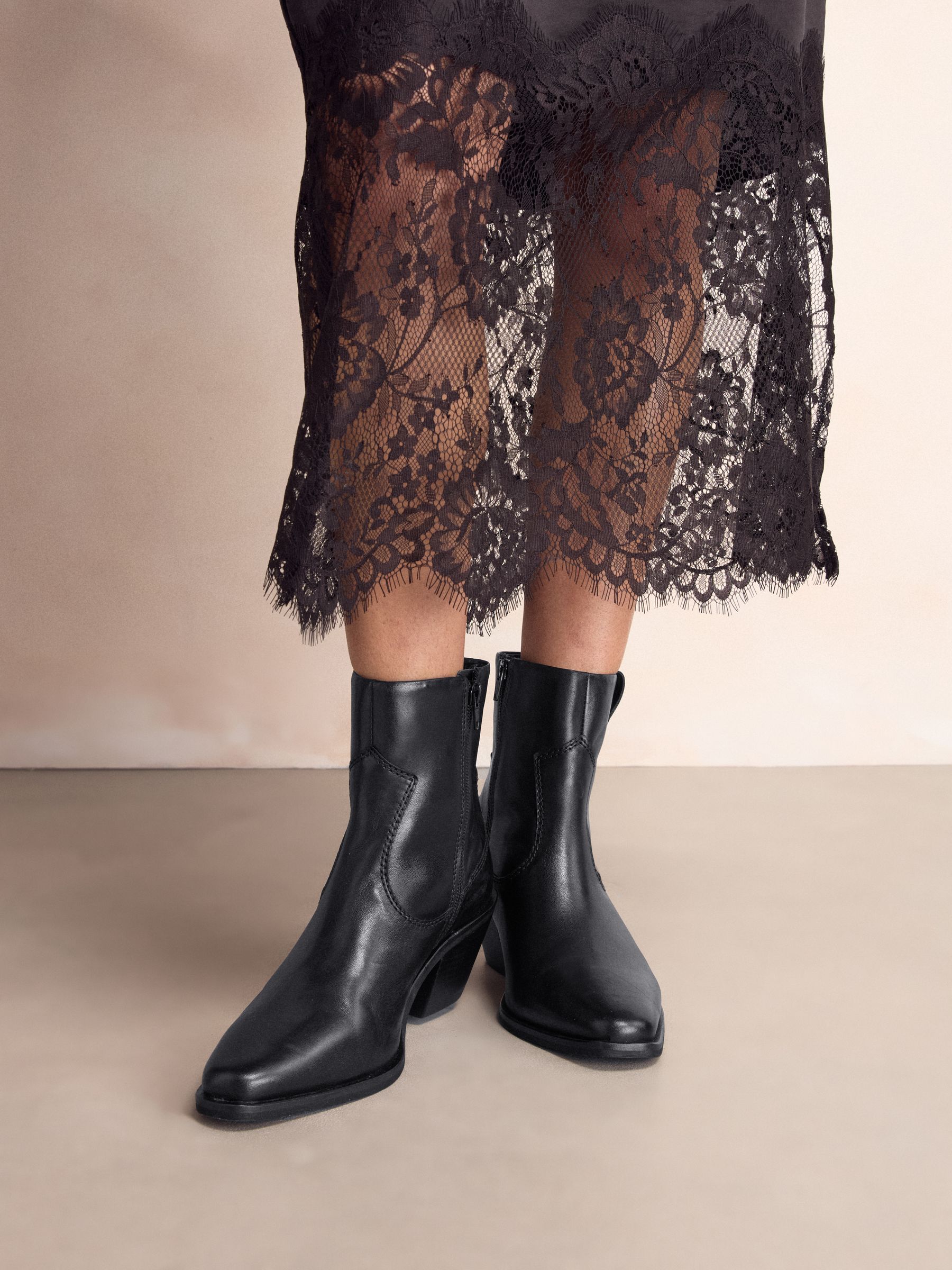 Buy Black Leather Standard/Wide Fit Cowboy Block Heel Ankle Boots from ...