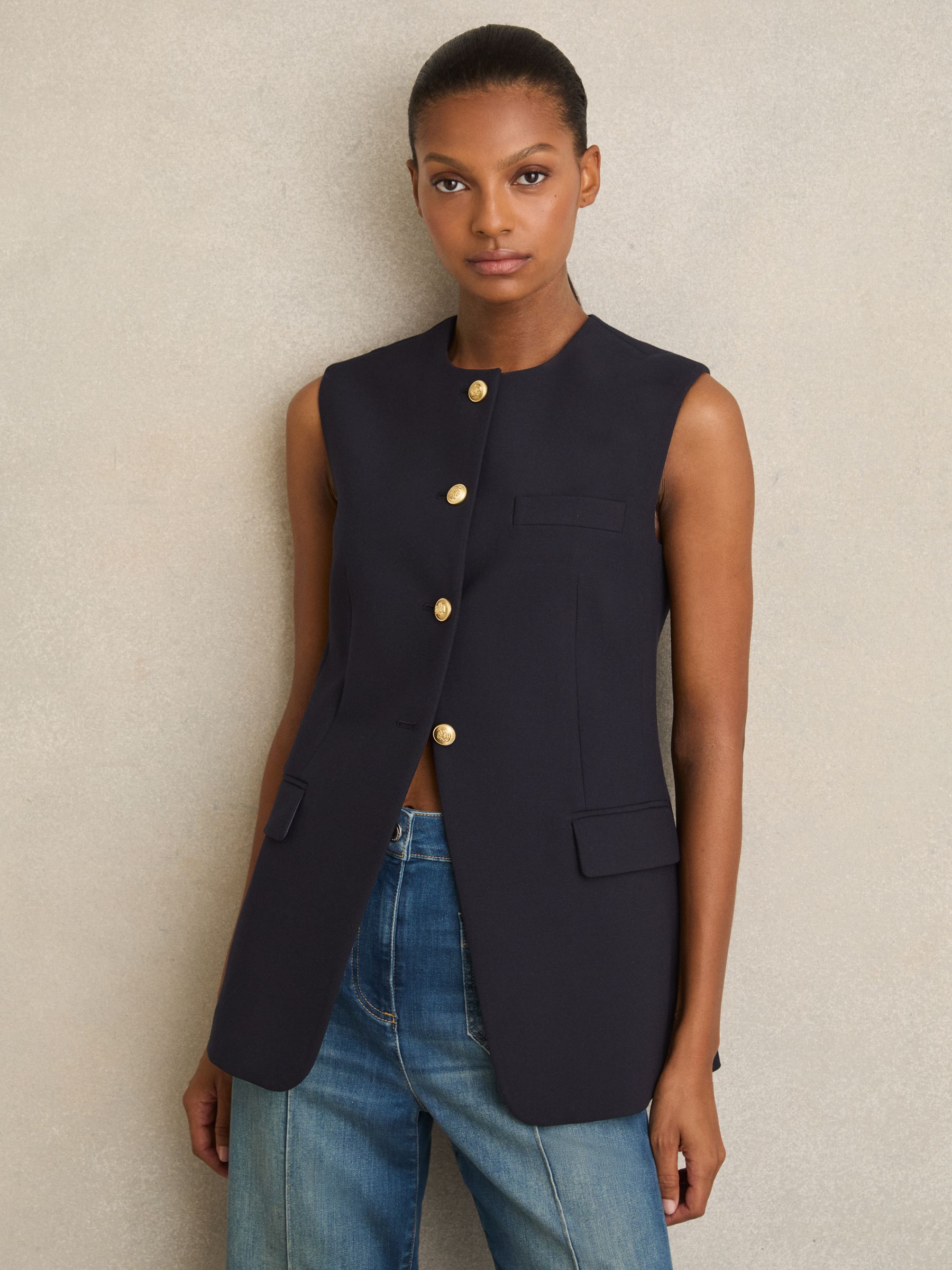 Buy Reiss Navy Athena High-Neck Longline Waistcoat from the Next UK ...