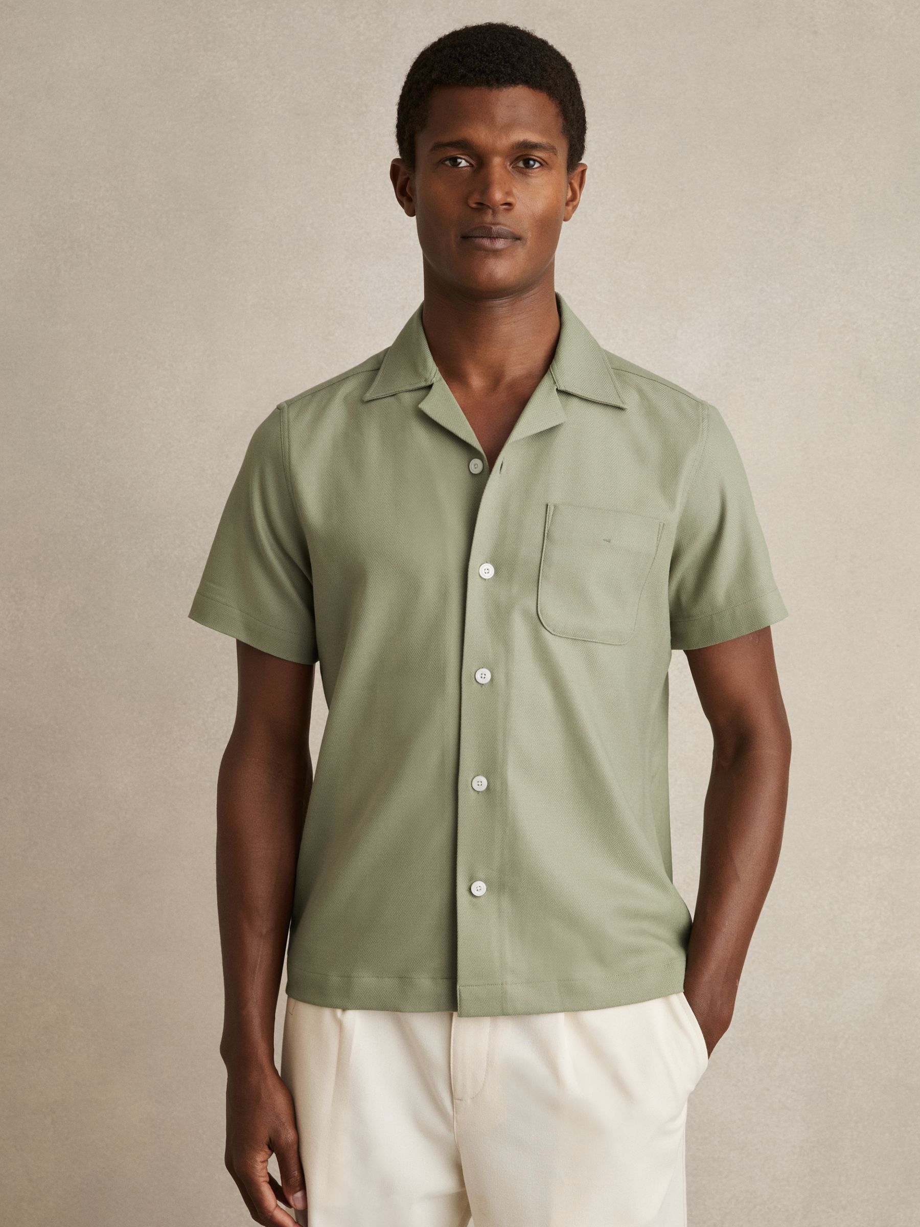 Buy Reiss Sage Green Nitus Herringbone Twill Cuban Collar Short Sleeve ...