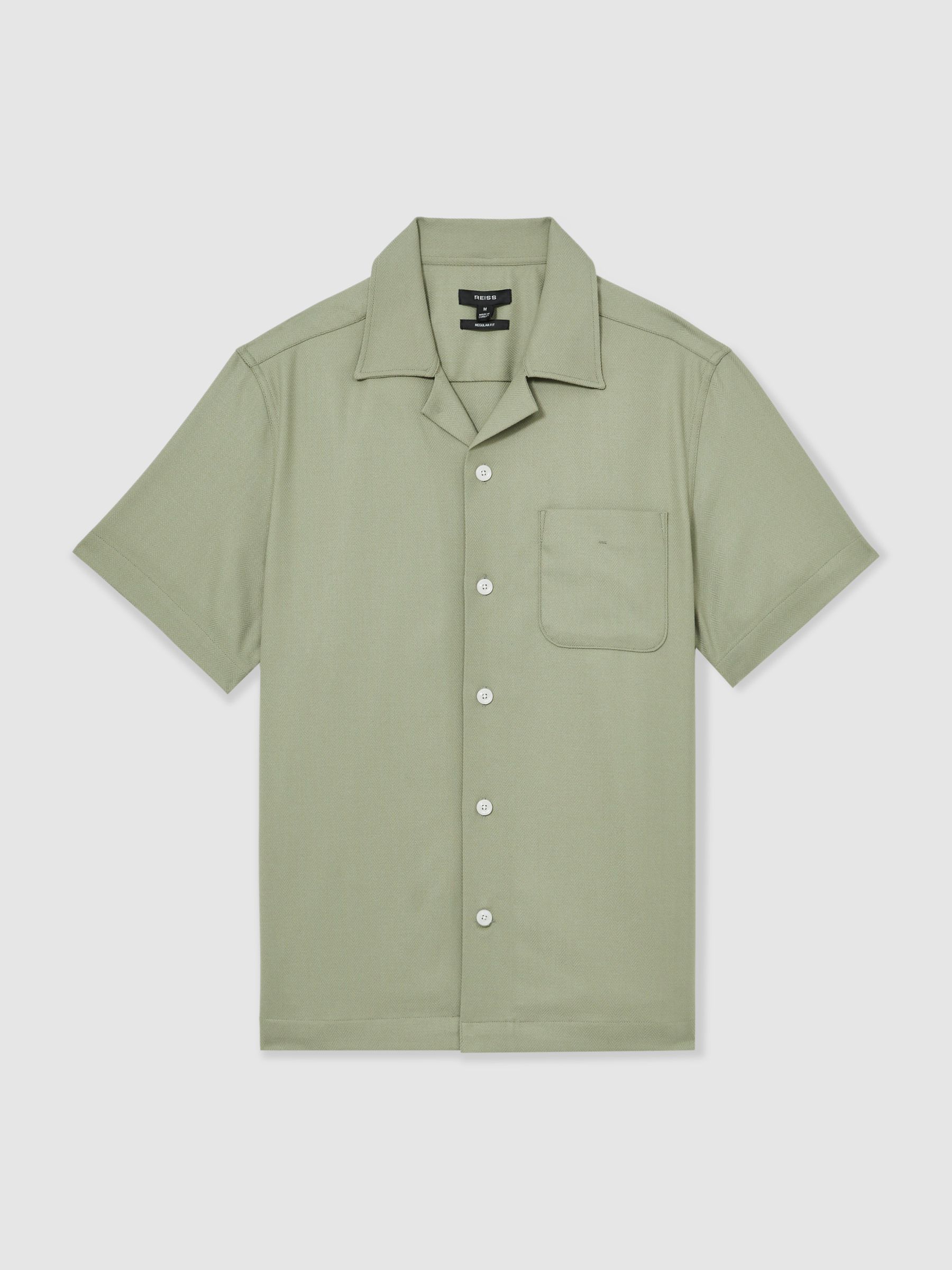 Buy Reiss Sage Green Nitus Herringbone Twill Cuban Collar Short Sleeve ...