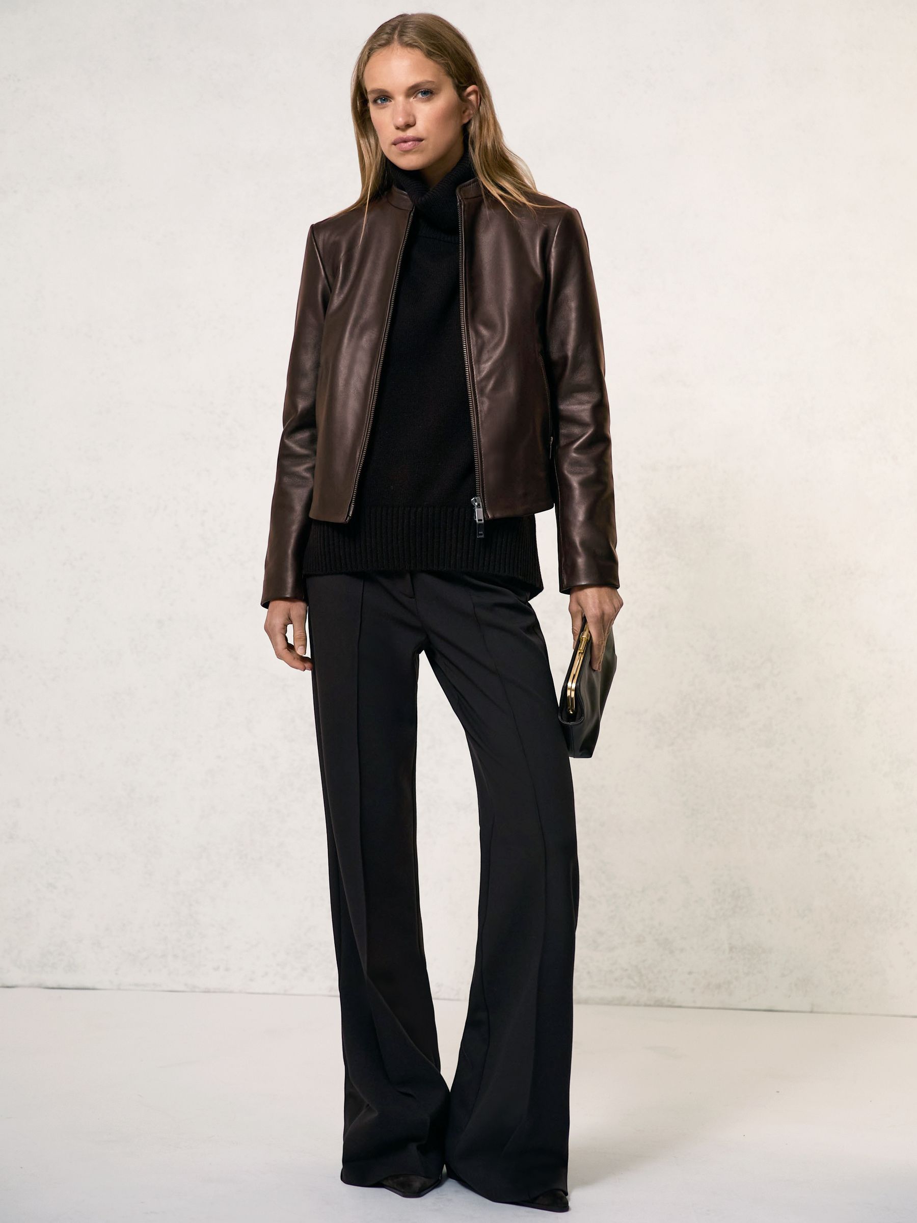 Buy Reiss Chocolate Brown Allie Leather Collarless Biker Jacket from ...