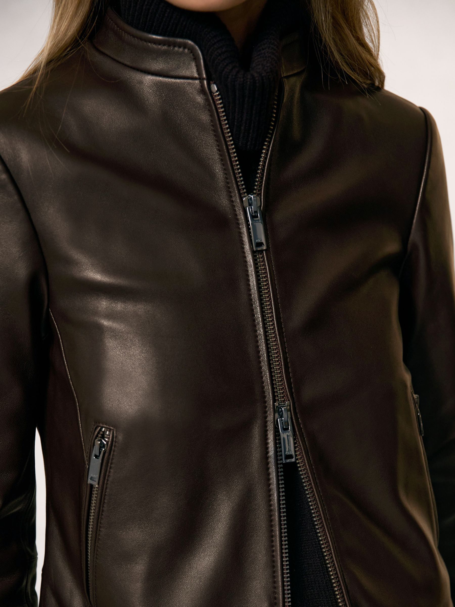 Buy Reiss Chocolate Brown Allie Leather Collarless Biker Jacket from ...
