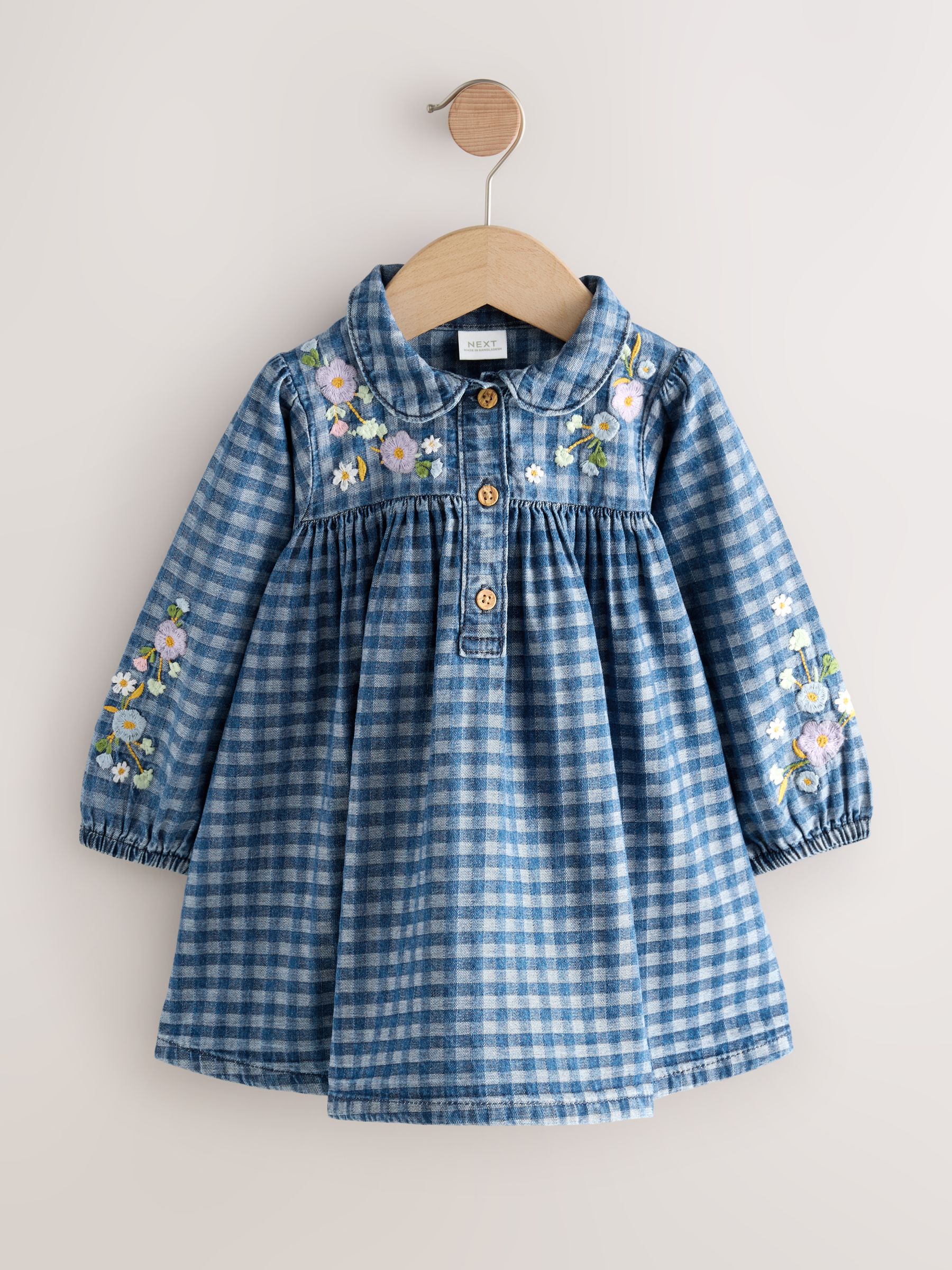 Buy Denim Check Embroidered Long Sleeve Collar Dress (3mths-8yrs) from ...