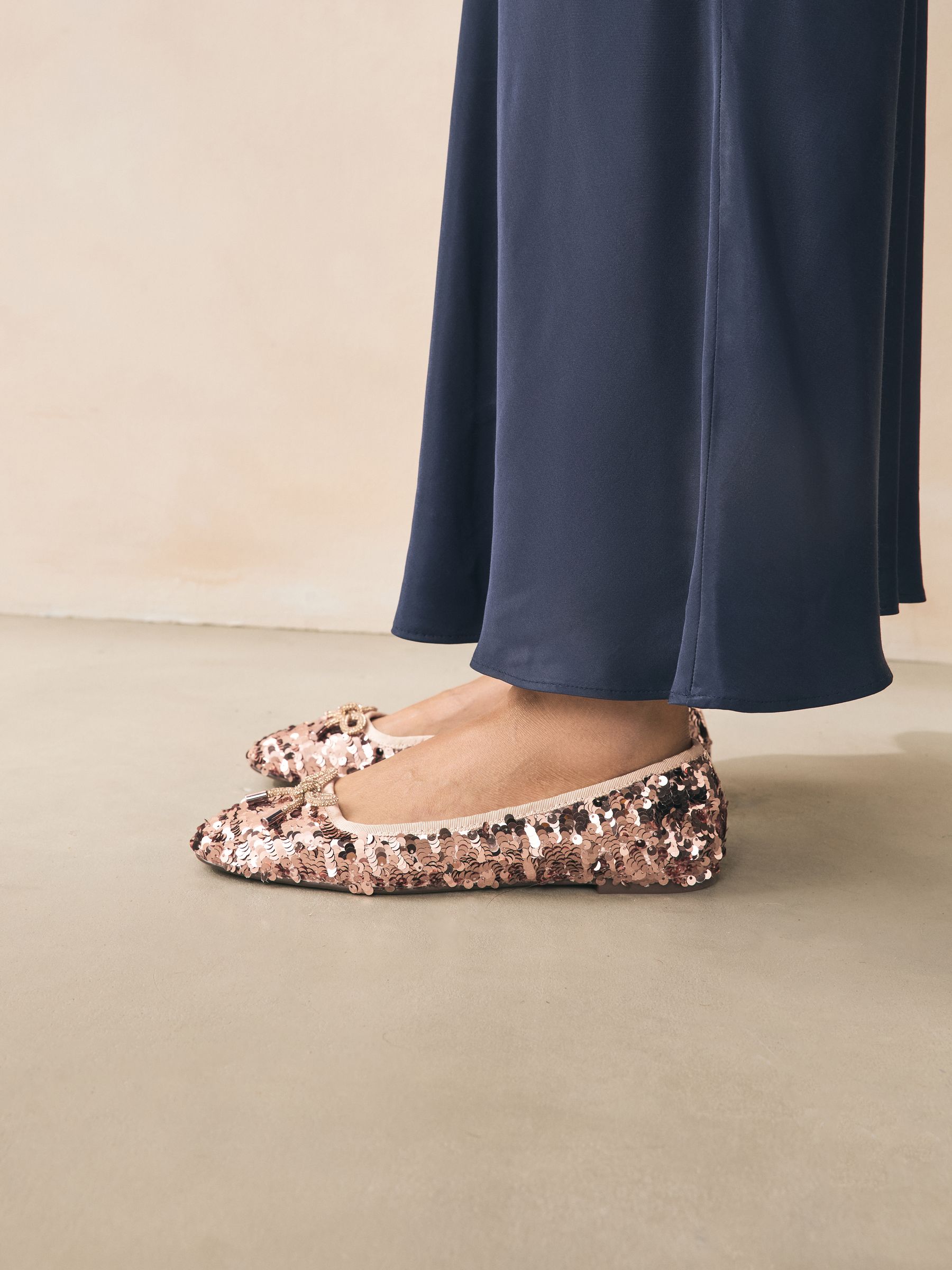 Buy Rose Gold Sequin Standard/Wide Fit Round Toe Ballerina Shoes from ...