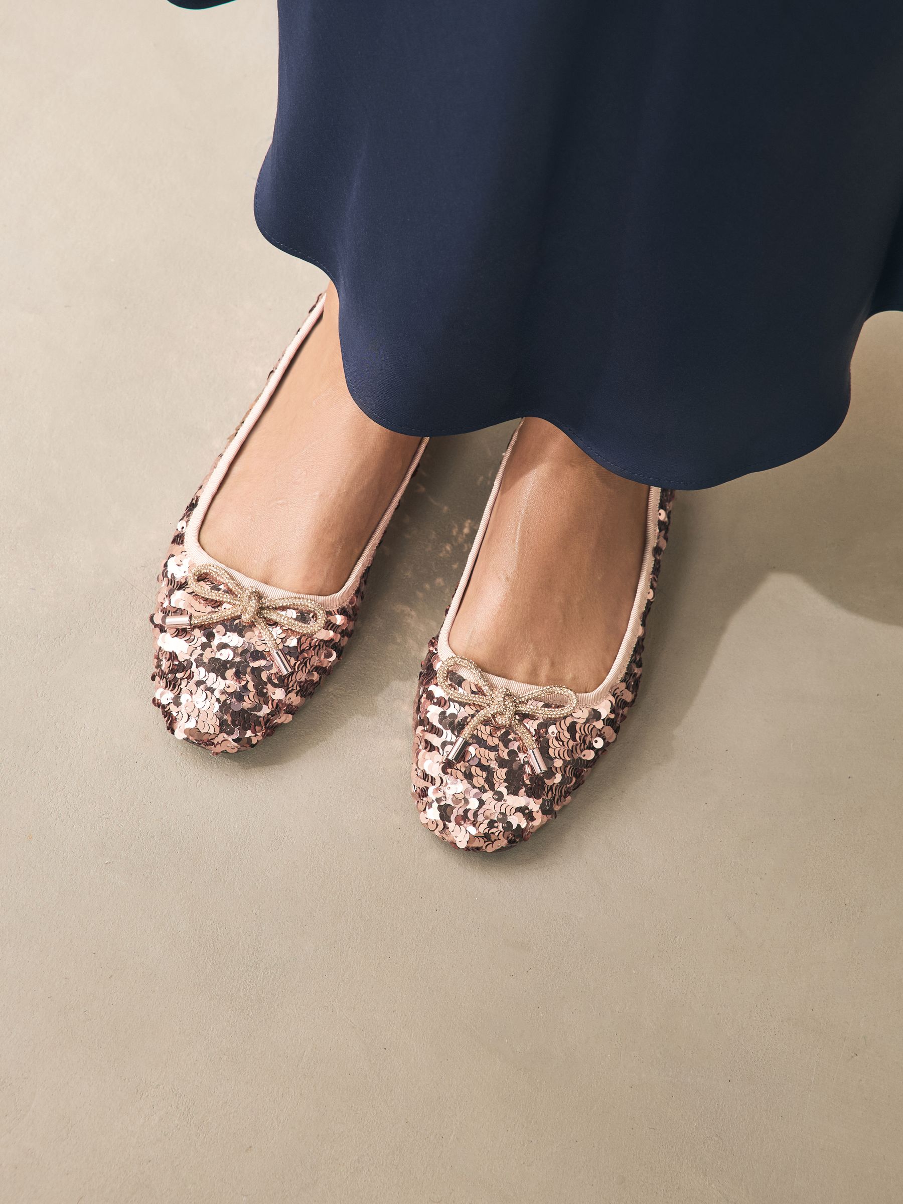 Buy Rose Gold Sequin Standard/Wide Fit Round Toe Ballerina Shoes from ...