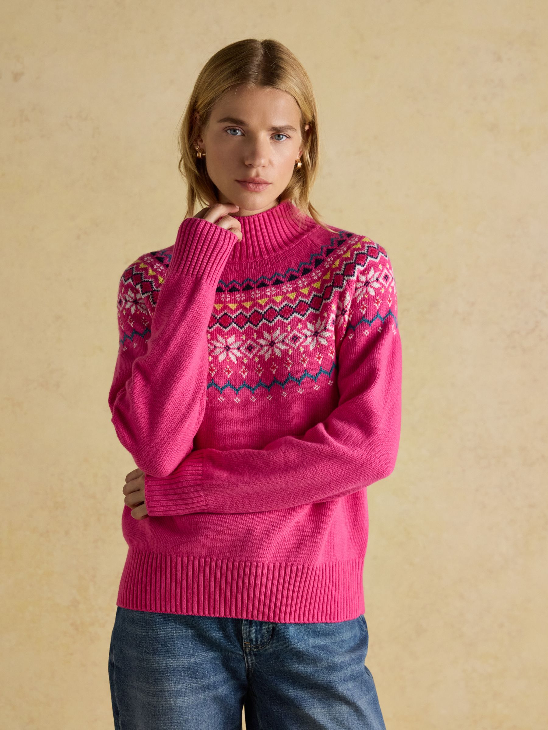 Buy Joules Alba Pink Fair Isle High Neck Cotton-Blend Jumper from the ...