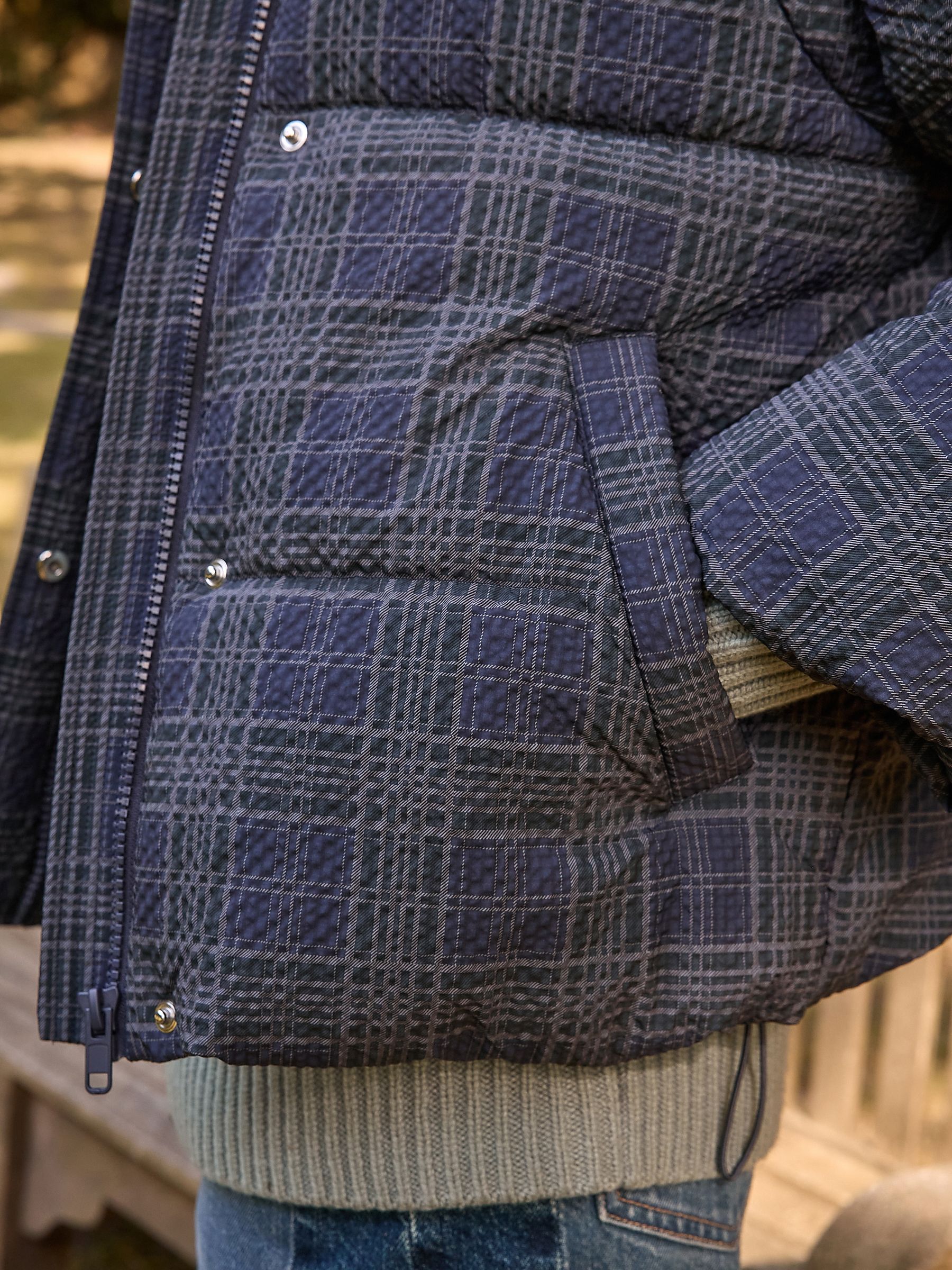 Buy Navy Blue Check Short Padded Coat with Detachable Sleeves from the ...