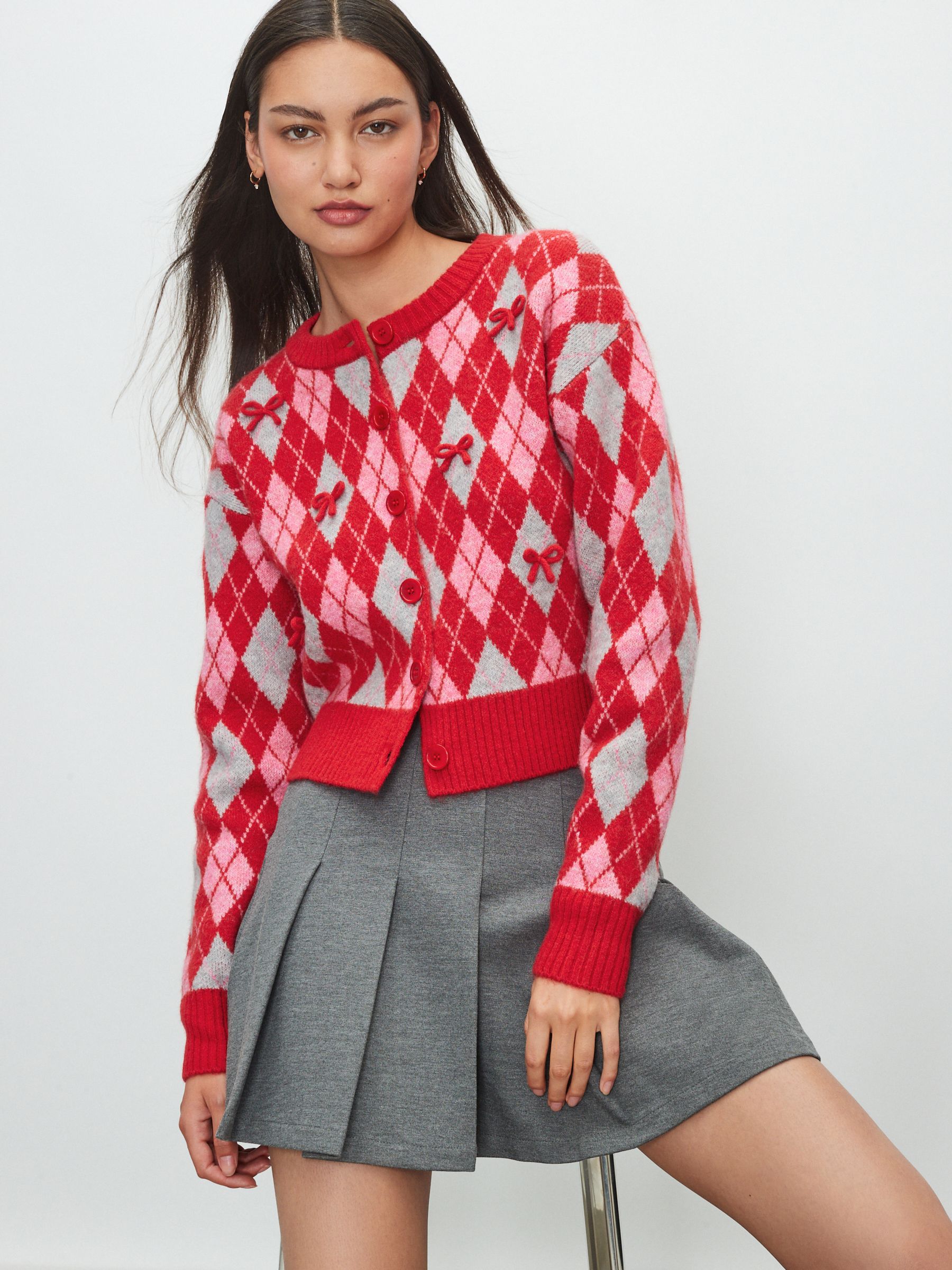 Buy Red/Pink Argyle Bows Crew Neck Knitted Cardigan from the Next UK ...